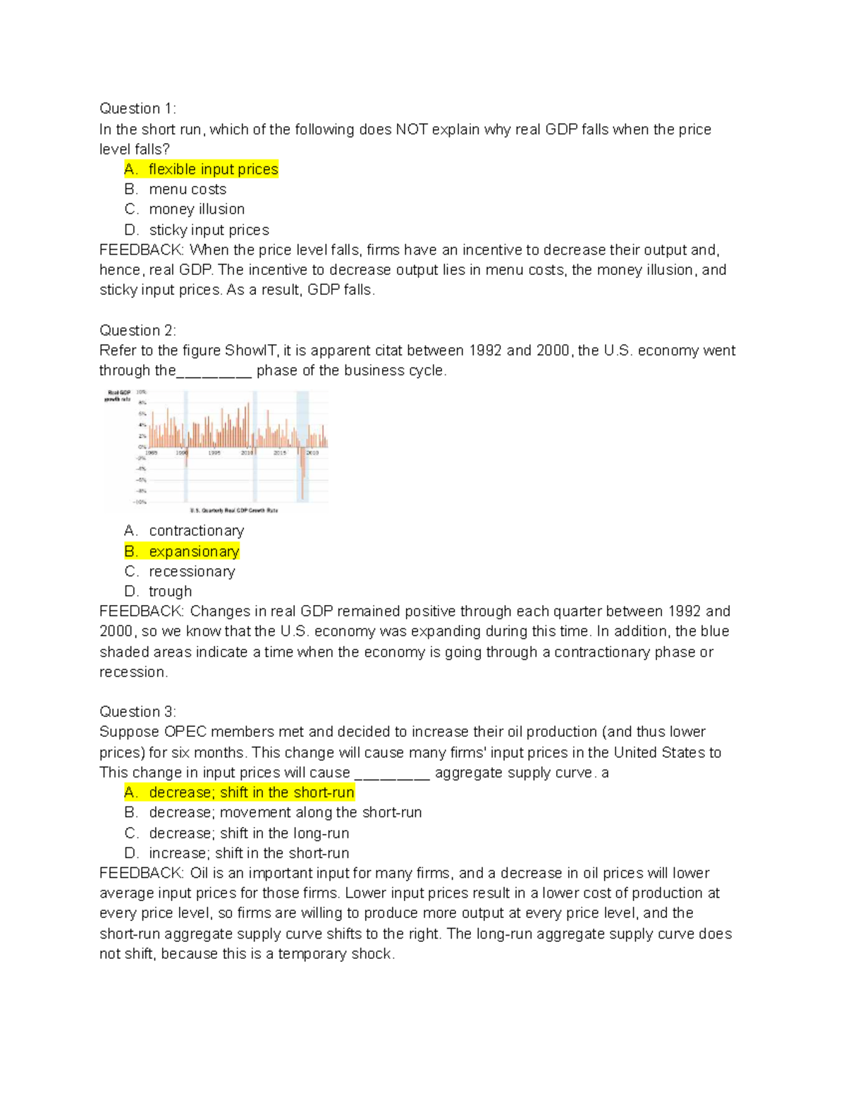 Macroeconomics Quiz: Short Run Business Cycle Aggregate Supply and ...