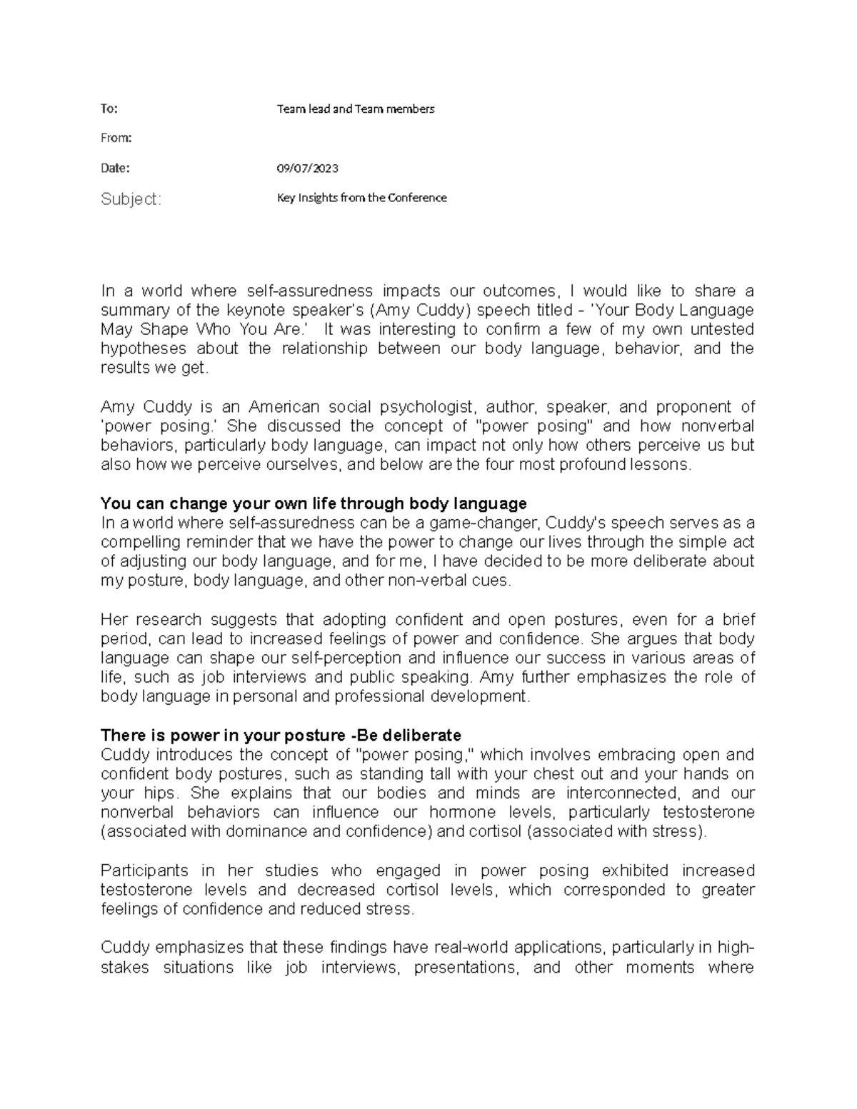 Management writing TED - To: Team lead and Team members From: Date: 09 ...