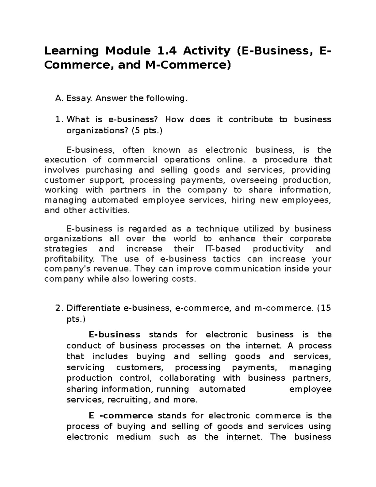 IT BUS Activity 1 - Essay questions and answers E-Business, E-Commerce, and M-Commerce ...