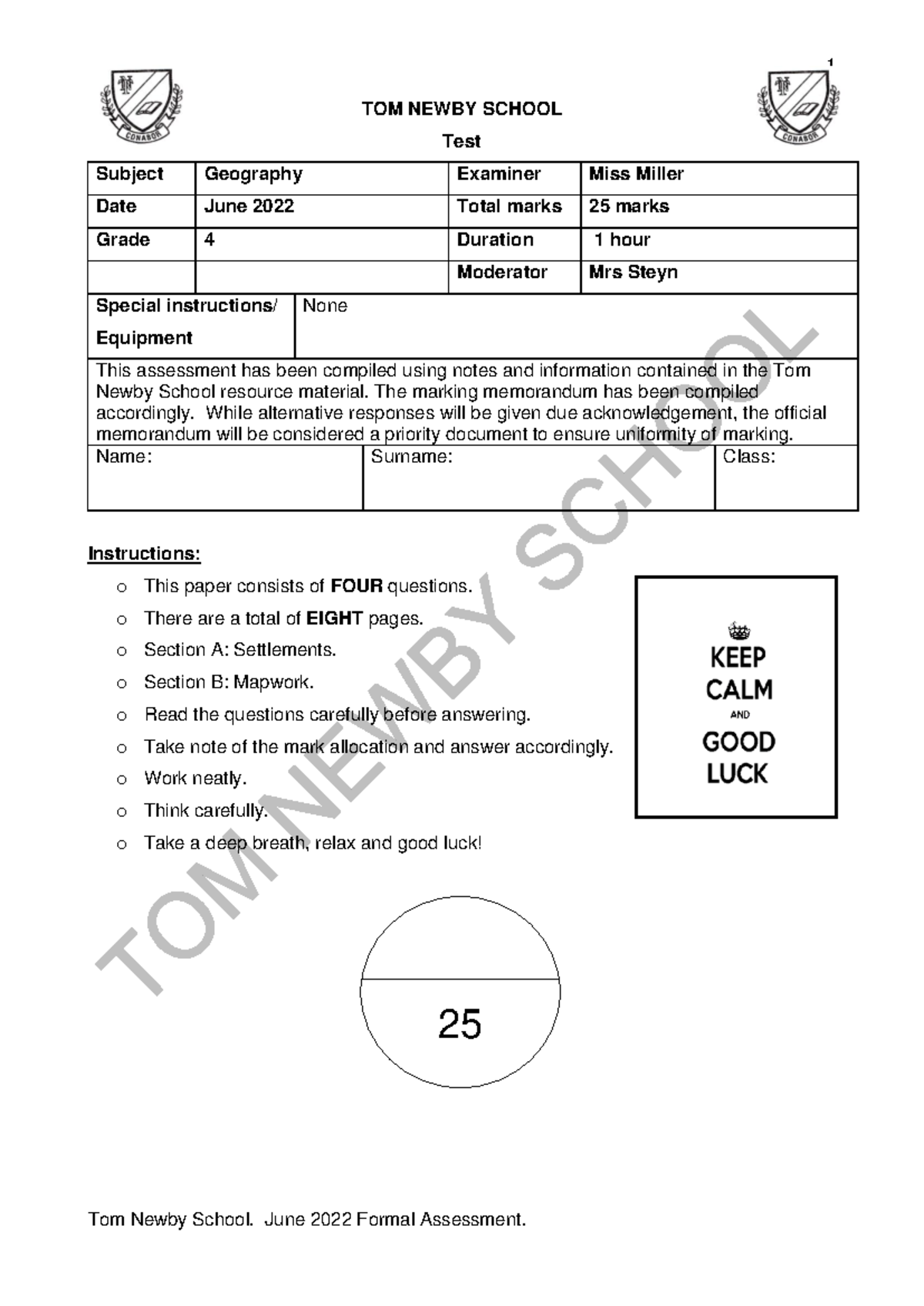 Grade 4 Geography Exam June 2022 - TOM NEWBY SCHOOL Test Subject ...