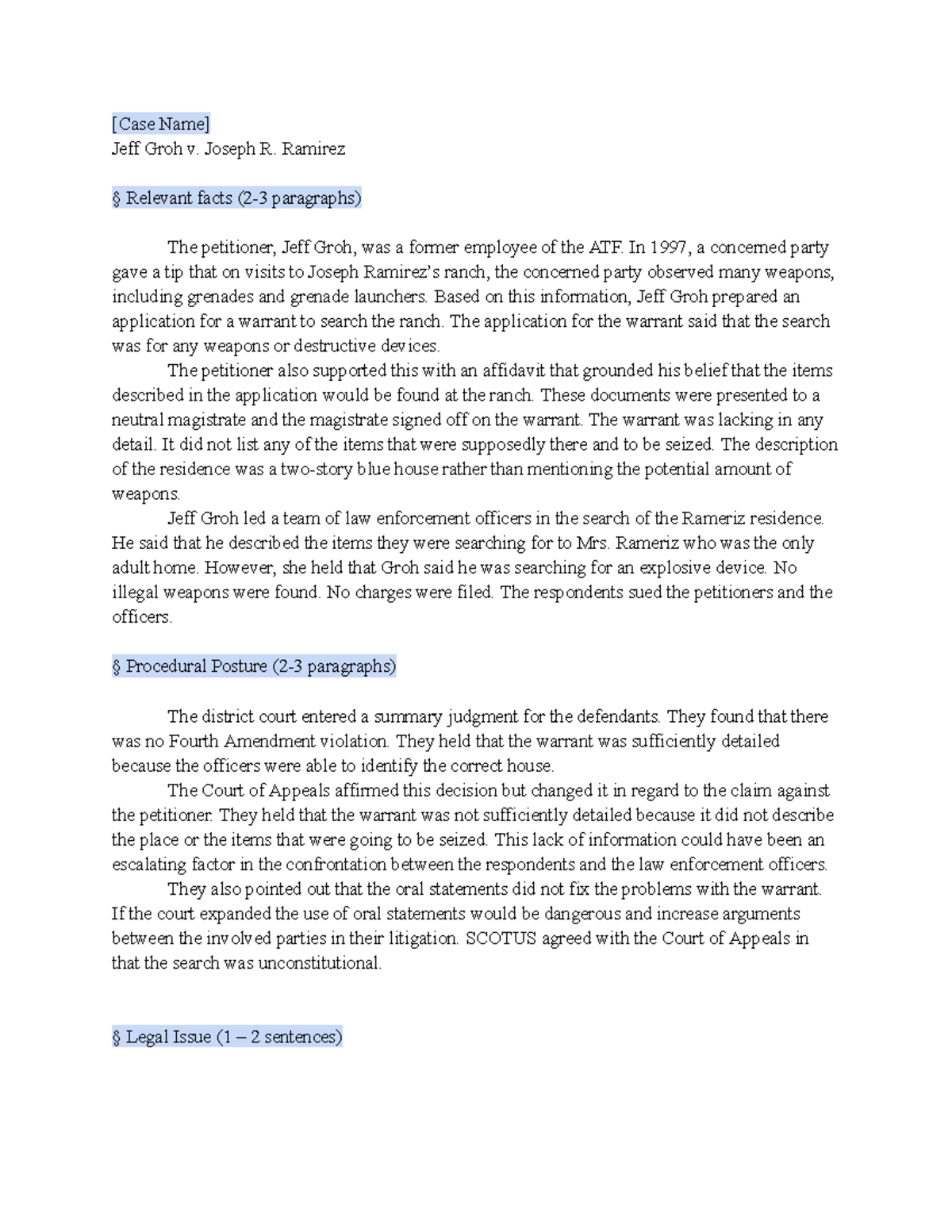 Case Brief Five - Professor Wiles's class. Cases for class discussion ...