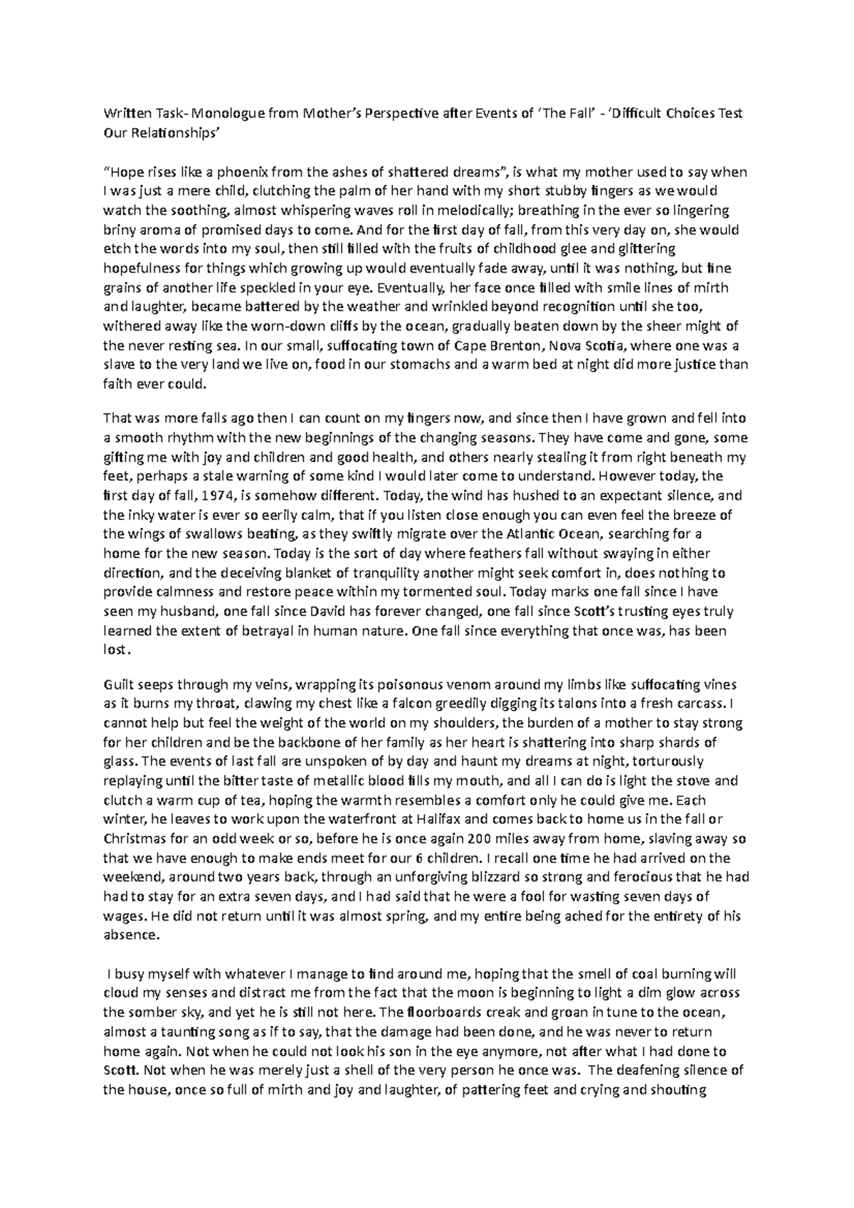 The Fall Alistair Mc Leod - Written Task- Monologue from Mother’s ...