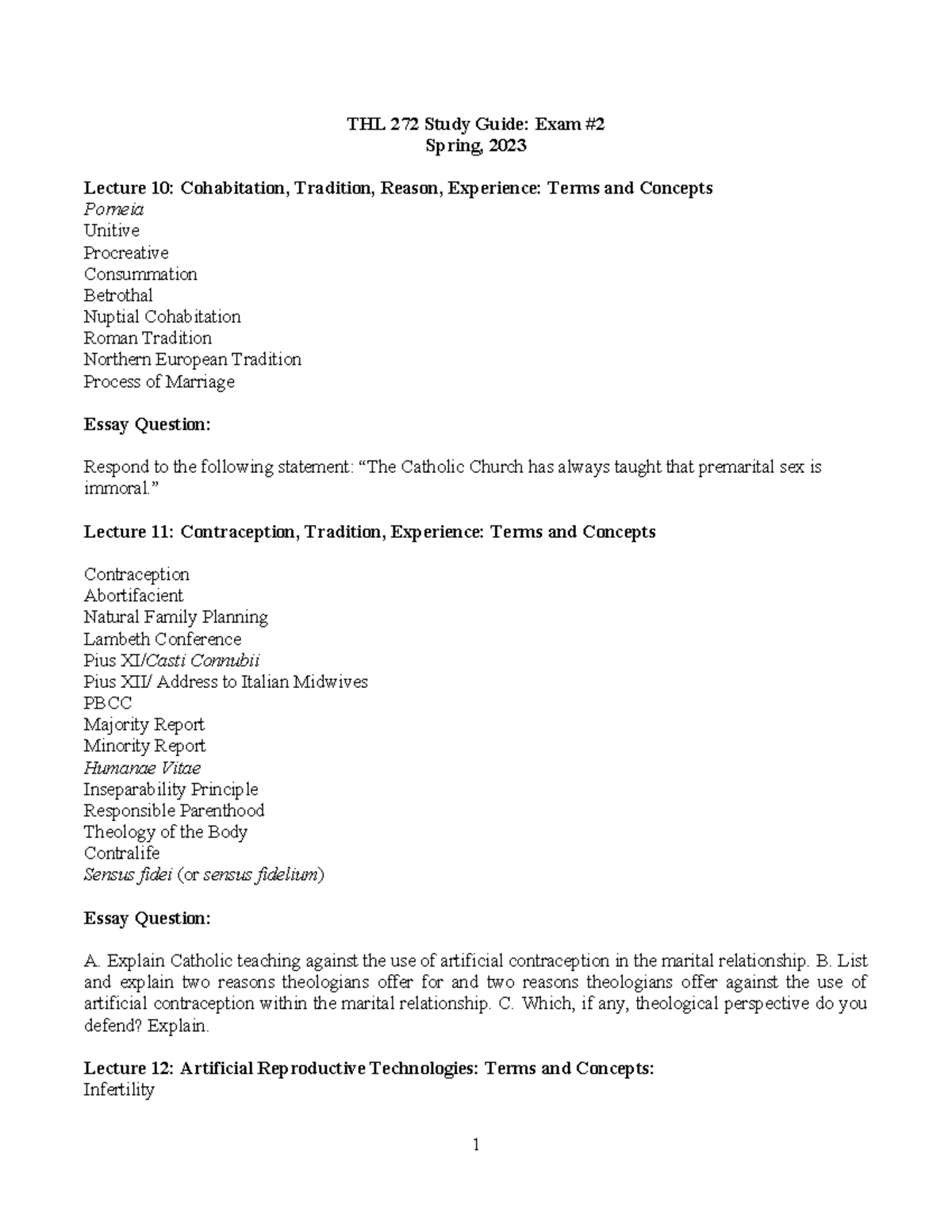 02 Study Guide Exam 2 spring 2023 - THL 272 Study Guide: Exam # Spring ...