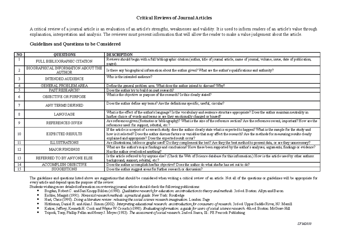 Critical Reviews - It is used to inform readers of an article's value ...