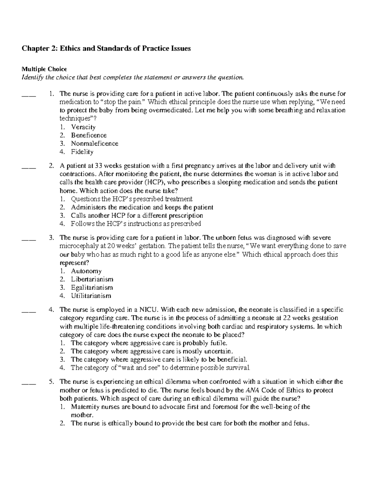 Ch02 tb answers labor and delivery - Chapter 2: Ethics and Standards of Practice Issues Multiple ...
