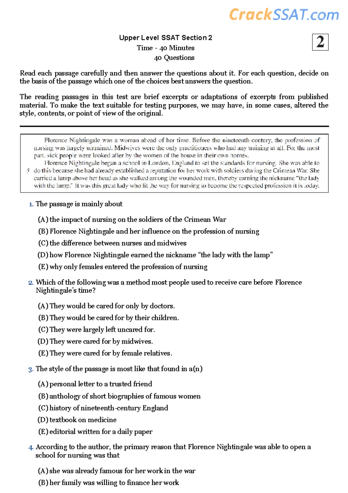 Upper Ssat Upper Level SSAT Section 2 Time 40 Minutes 40 Questions