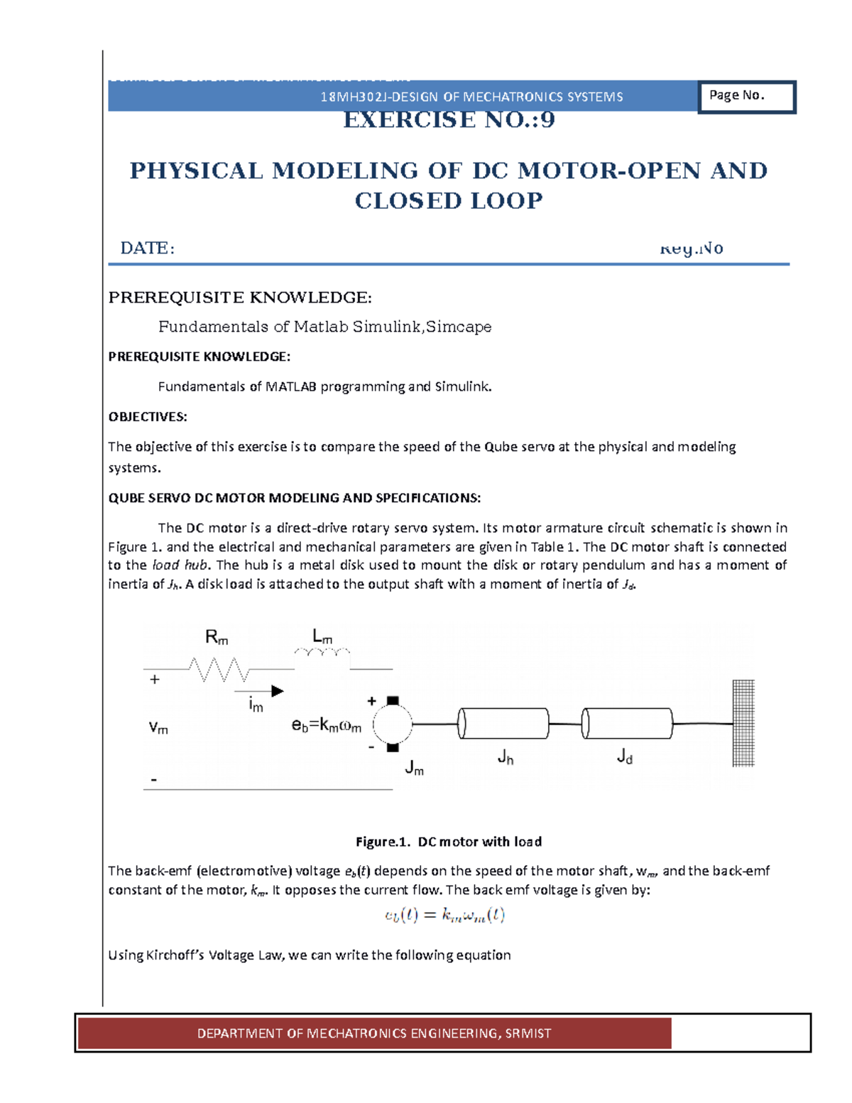 Experiment 9 physical modeling of DC motor - 18MH302J-DESIGN OF ...
