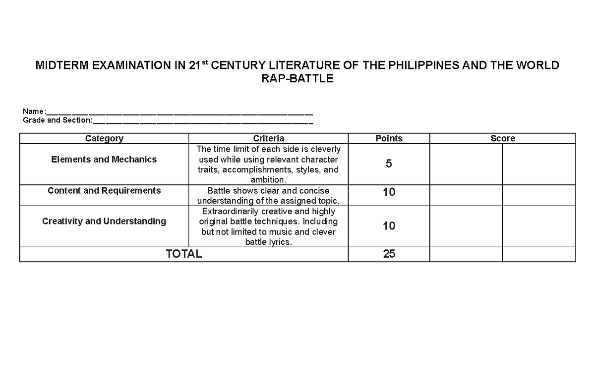 21st Century Lit. Criteria Sheet Rap and Regional Lit - MIDTERM ...