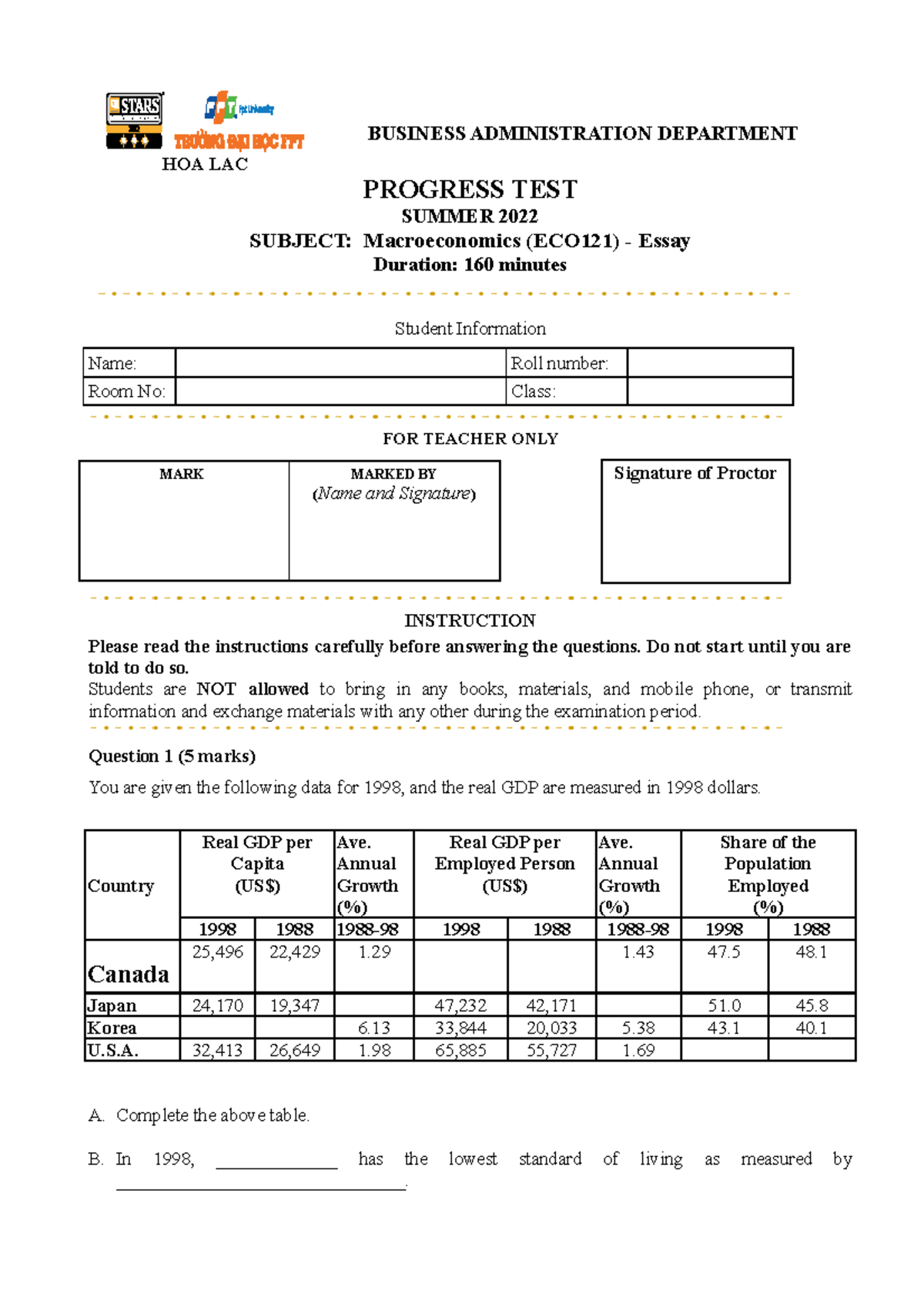 ECO121 Progress TEST Summer 2022 Nguyen Thanh Tam - HOA LAC BUSINESS ...
