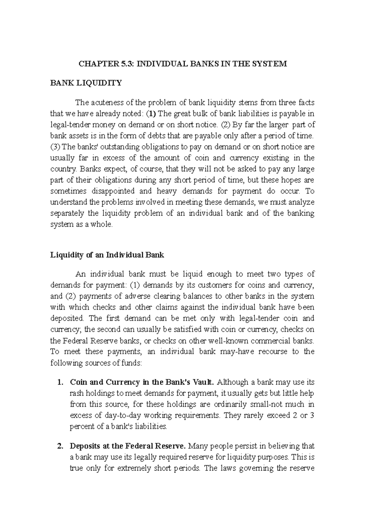 CHAPTER 5 INDIVIDUAL BANKS IN THE SYSTEM: Bank Liquidity - CHAPTER 5 ...