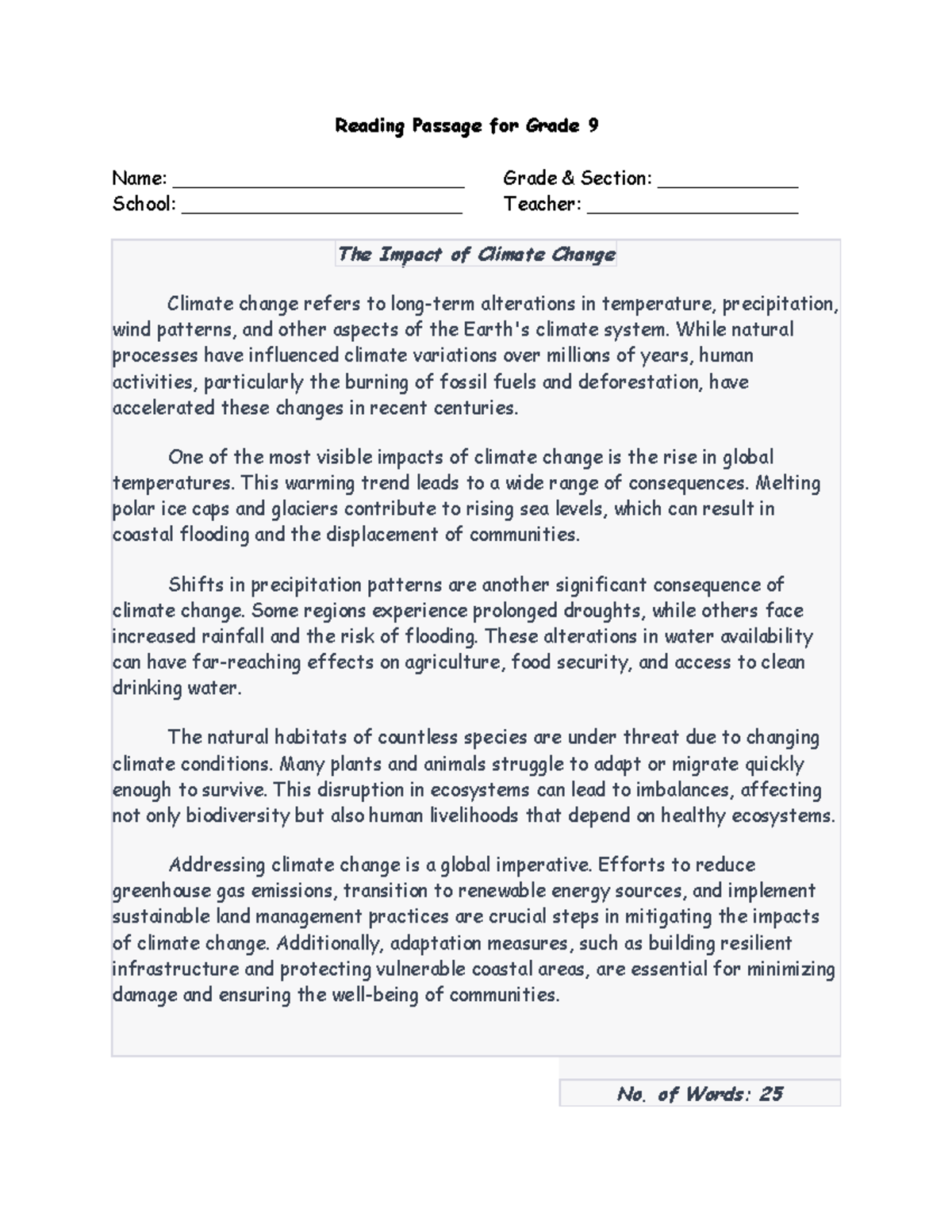 Grade 9 Phil IRI - English DLL - Reading Passage for Grade 9 Name