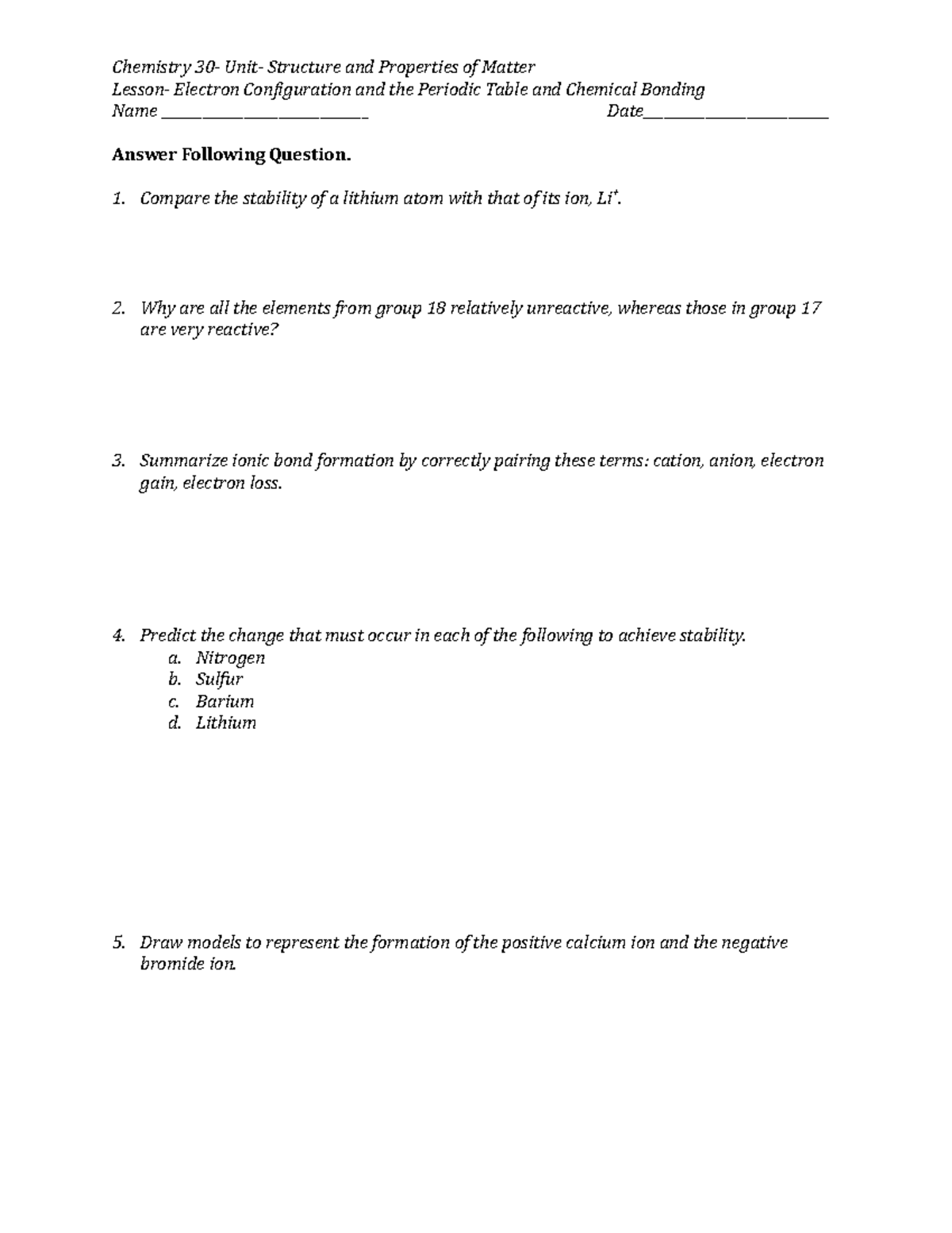 Test 1- Atomic Models and Properties of Atoms - Chemistry 30- Unit ...