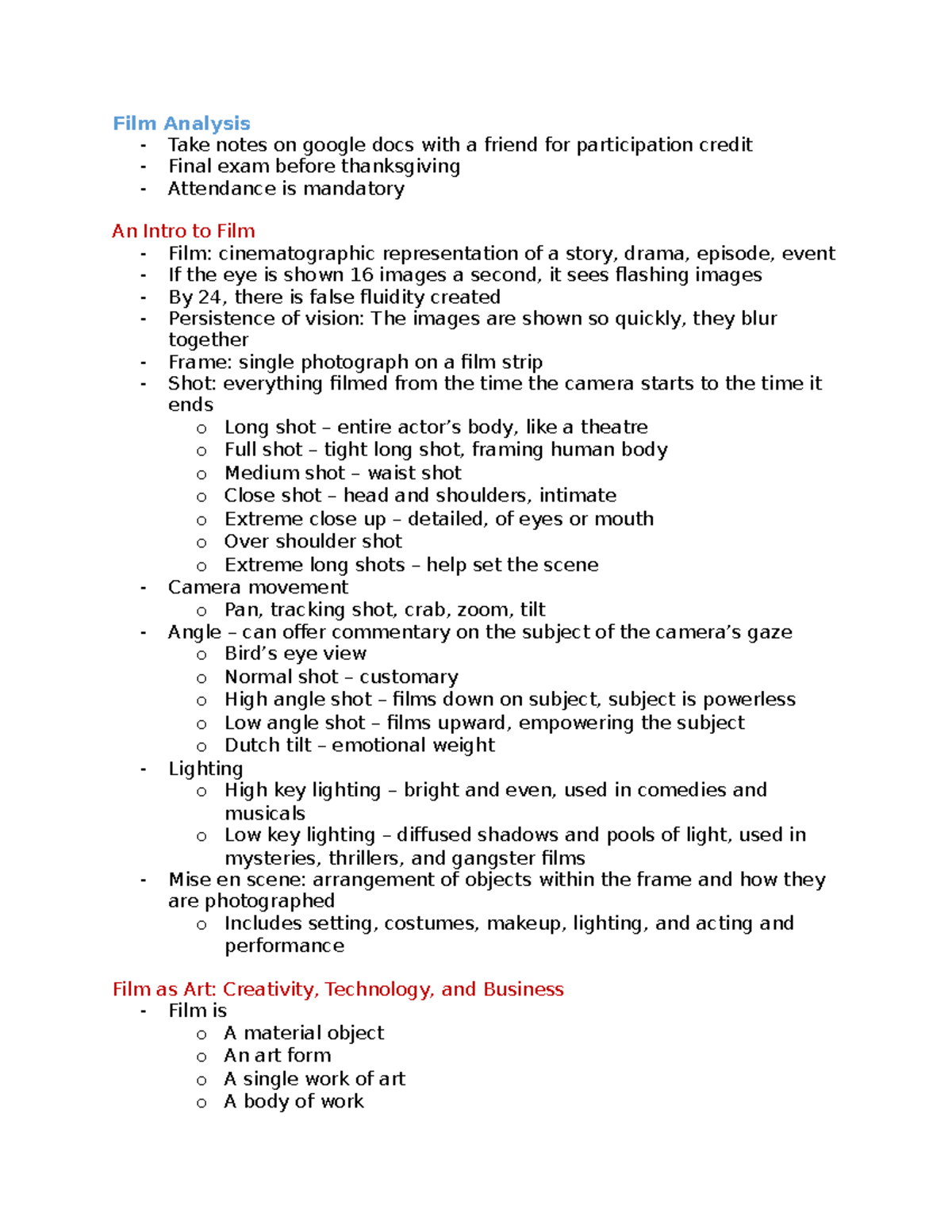 Film Analysis - Notes from entire semester - Film Analysis - Take notes ...
