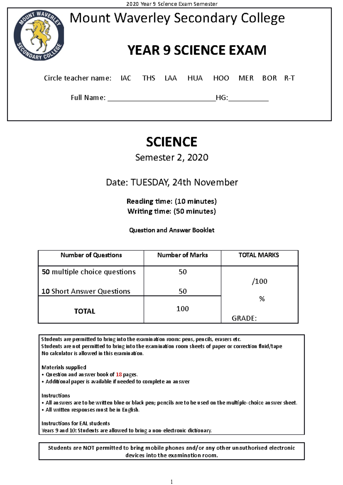 YEar 9 Sci Exam Sem 2 2020 Final - Mount Waverley Secondary College ...