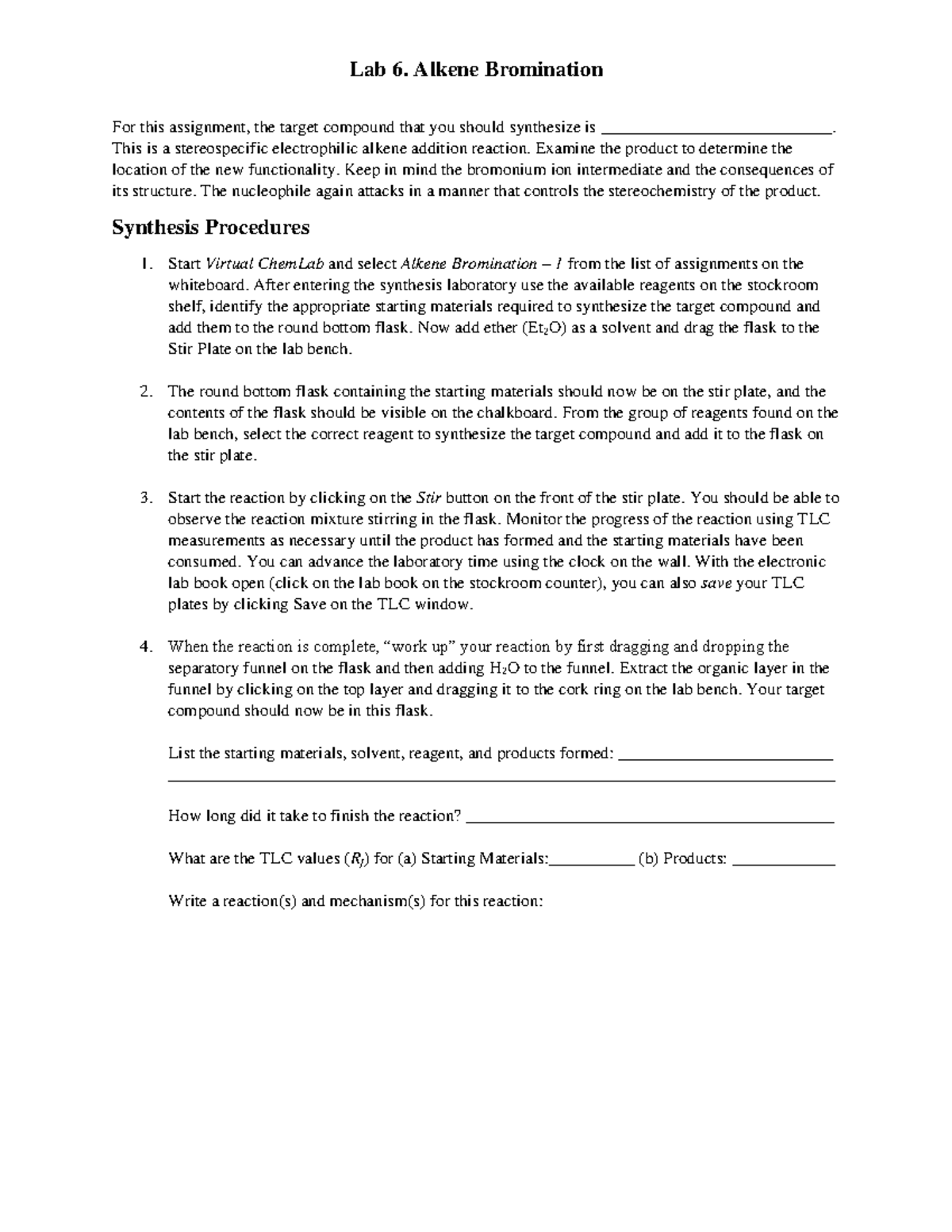 Lab 6. Alkene Bromination - Warning: TT: undefined function: 32 Lab 6. Alkene Bromination For ...