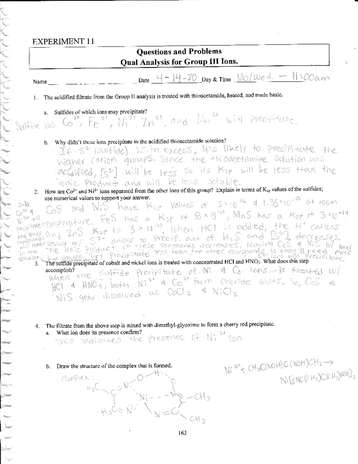 Exp 11 - Knowledge questions about Qual Analysis of Group III ions ...