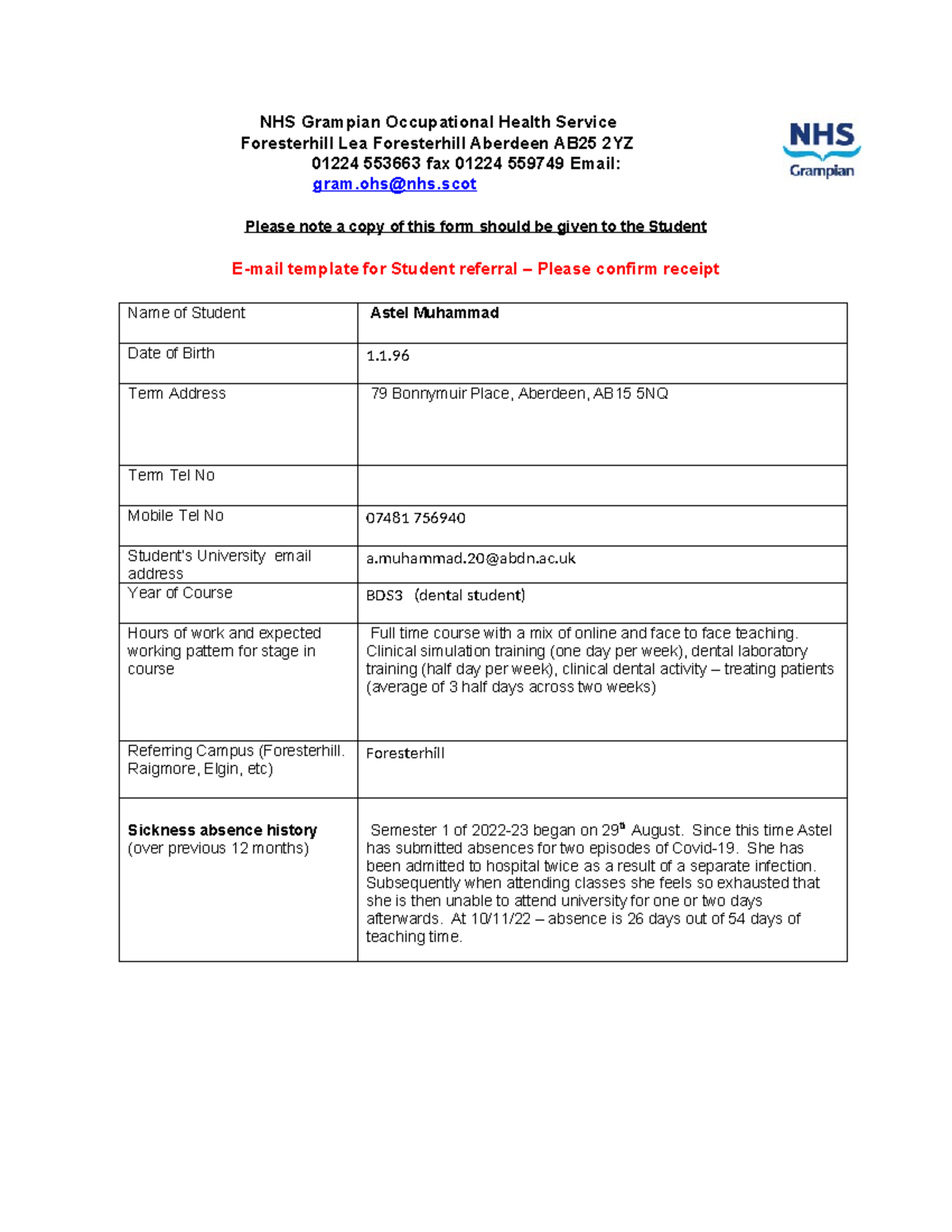 OHS Student-Management Referral Form AMuhammad - NHS Grampian ...