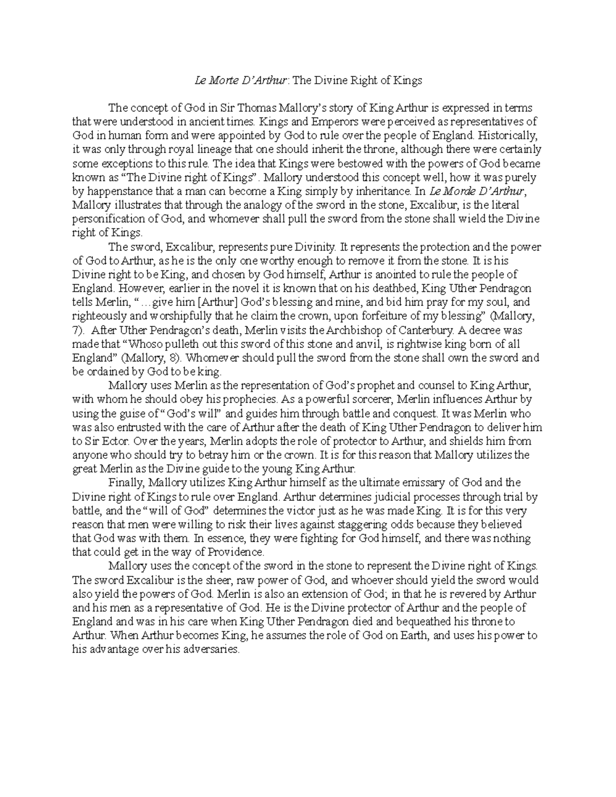 TTU ENGL 3305 Le Morte D’Arthur Sir Thomas Mallory Paper - Le Morte D ...