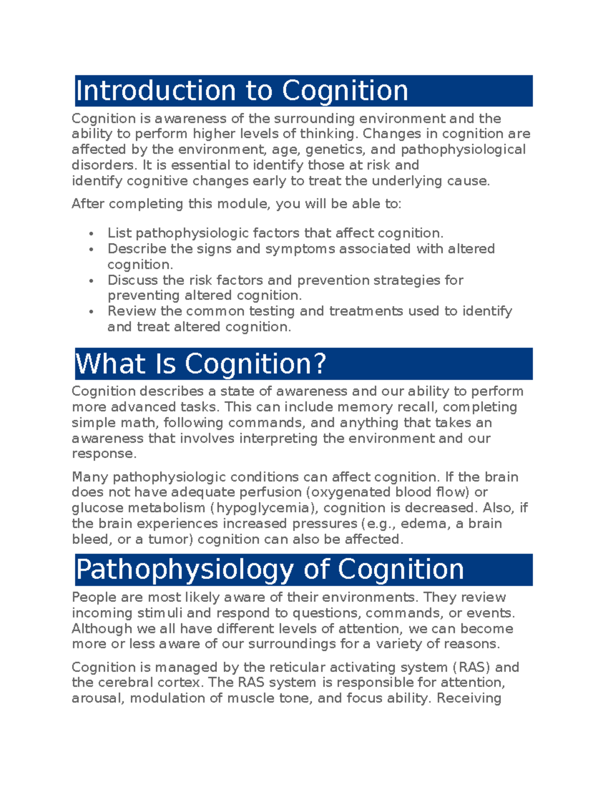 NR 283 - Edapt Unit 3 Cognition - Introduction to Cognition Cognition ...