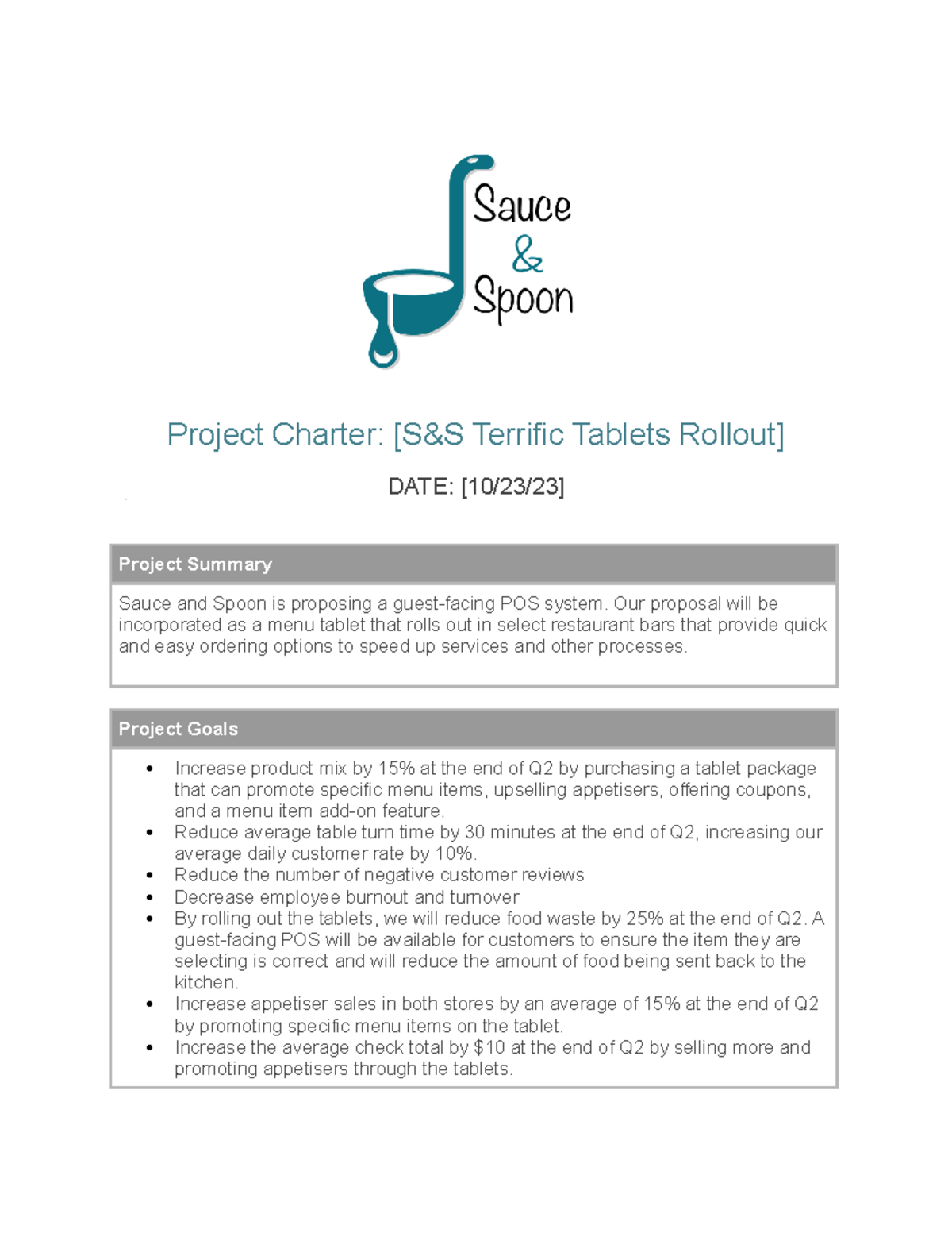 Project Charter - Good - Project Charter: [S&S Terrific Tablets Rollout ...