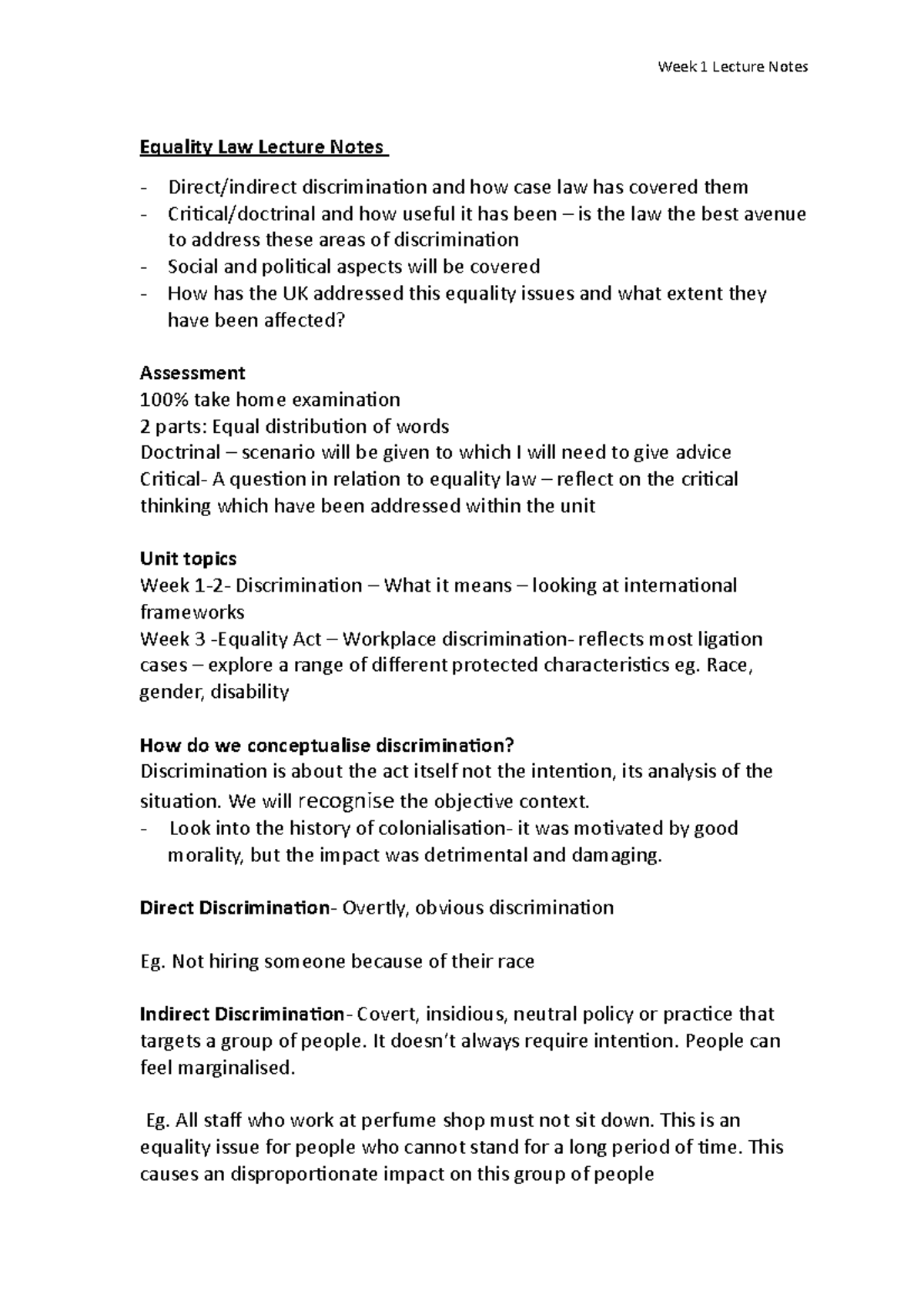 Week 1 Lecture Notes on Equality Law and Discrimination - Studocu