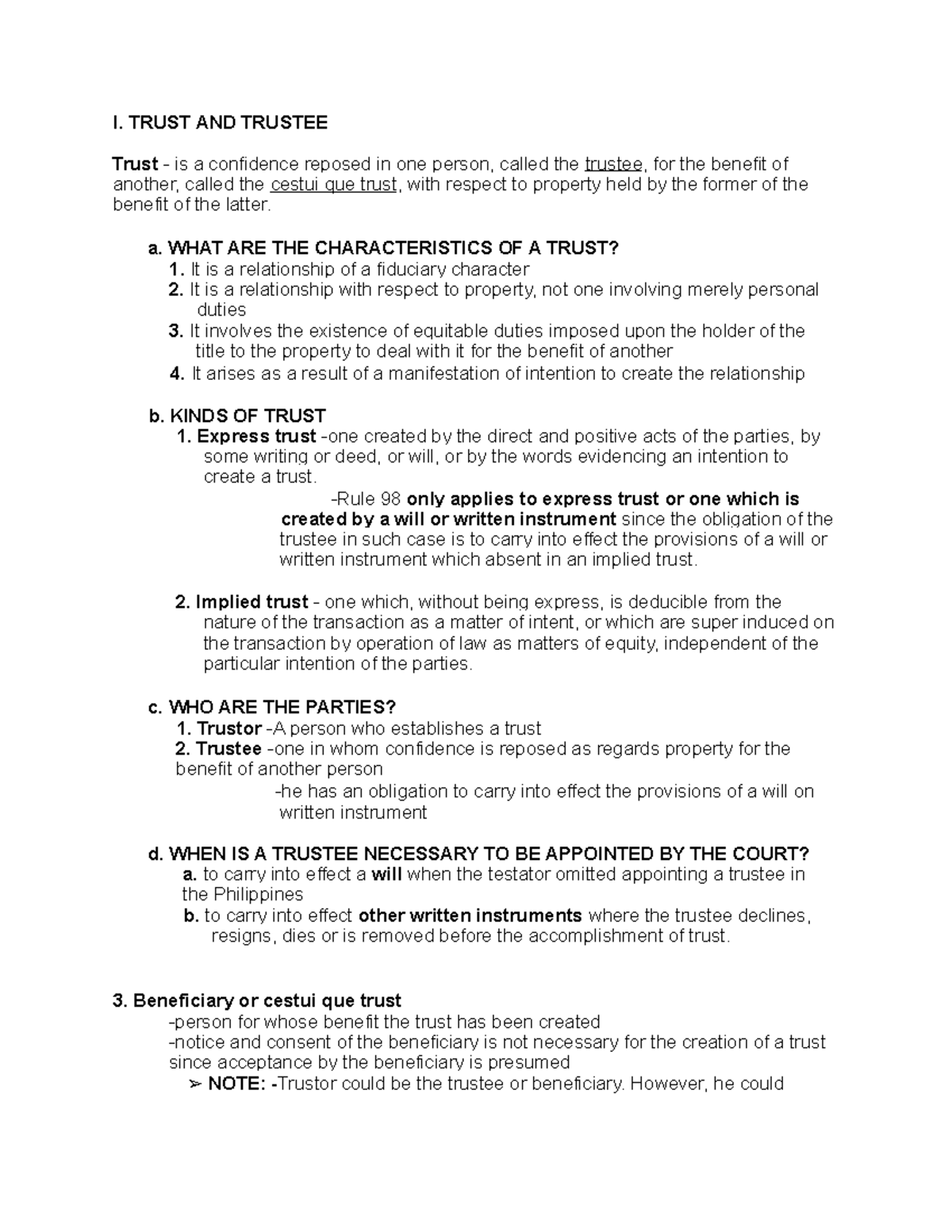 Trust Notes - I. TRUST AND TRUSTEE Trust - is a confidence reposed in ...