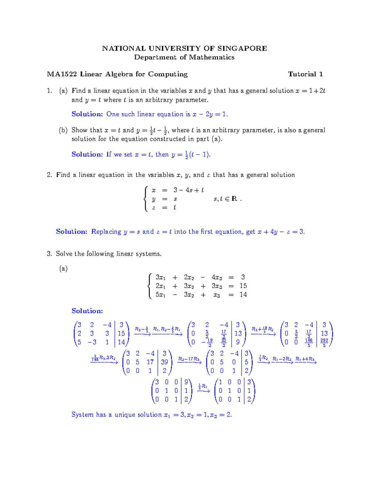 MA1522 Tutorial 1 Solutions - NATIONAL UNIVERSITY OF SINGAPORE ...