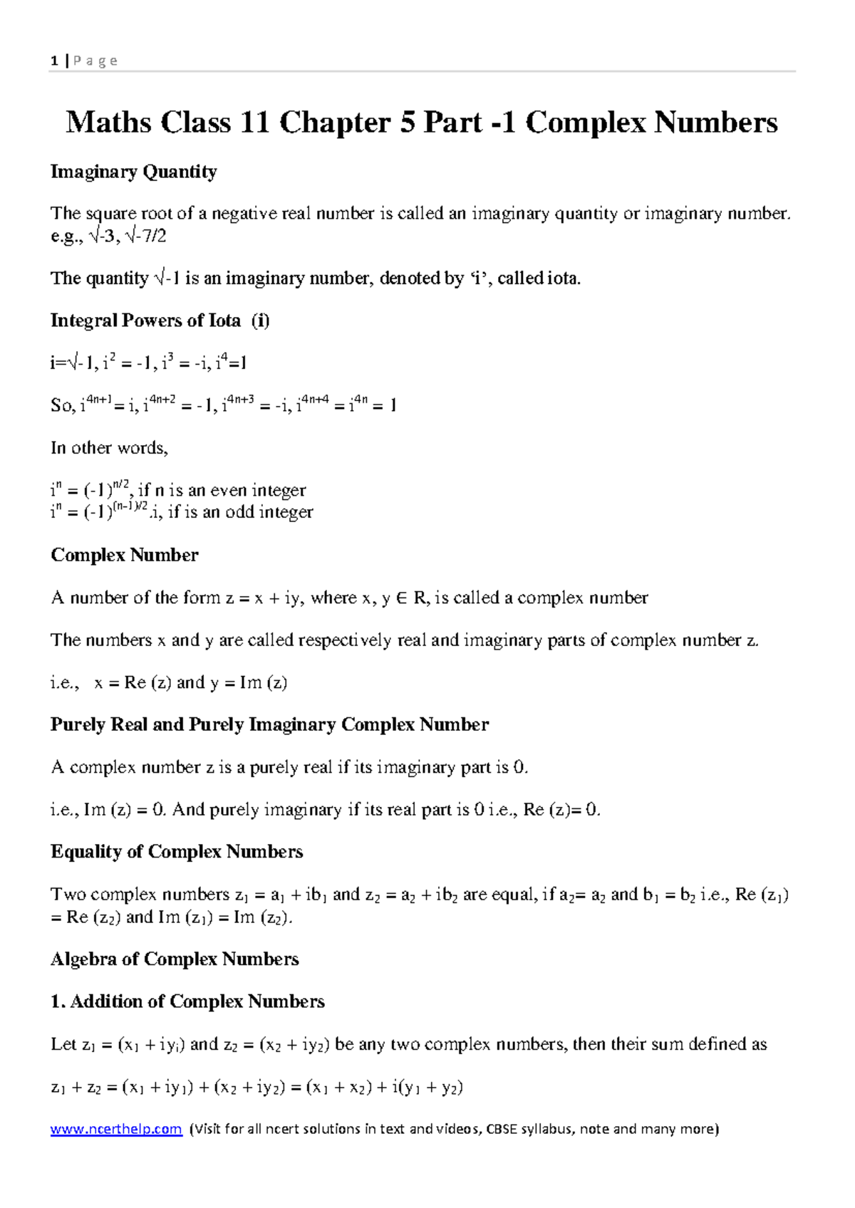 Formula and notes of math complex number doenload Maths Class 11 ...