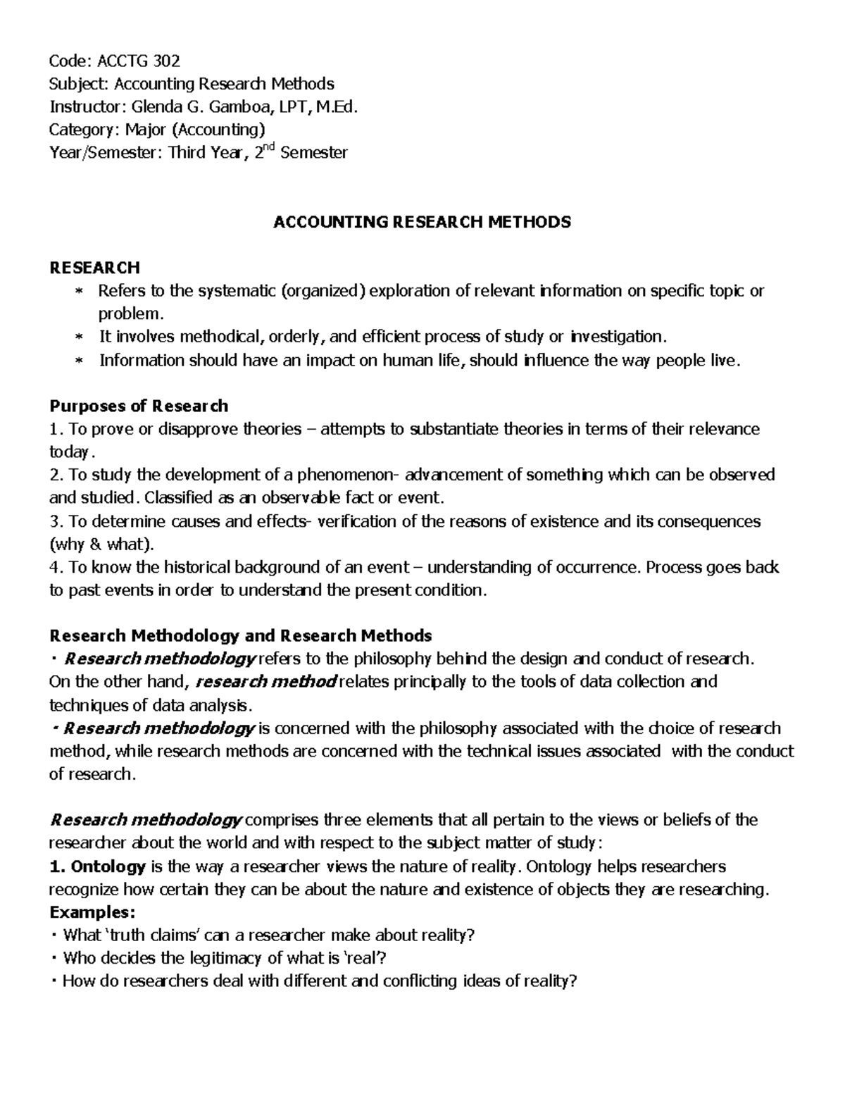 Lecture notes acctg 302 - Code: ACCTG 302 Subject: Accounting Research ...