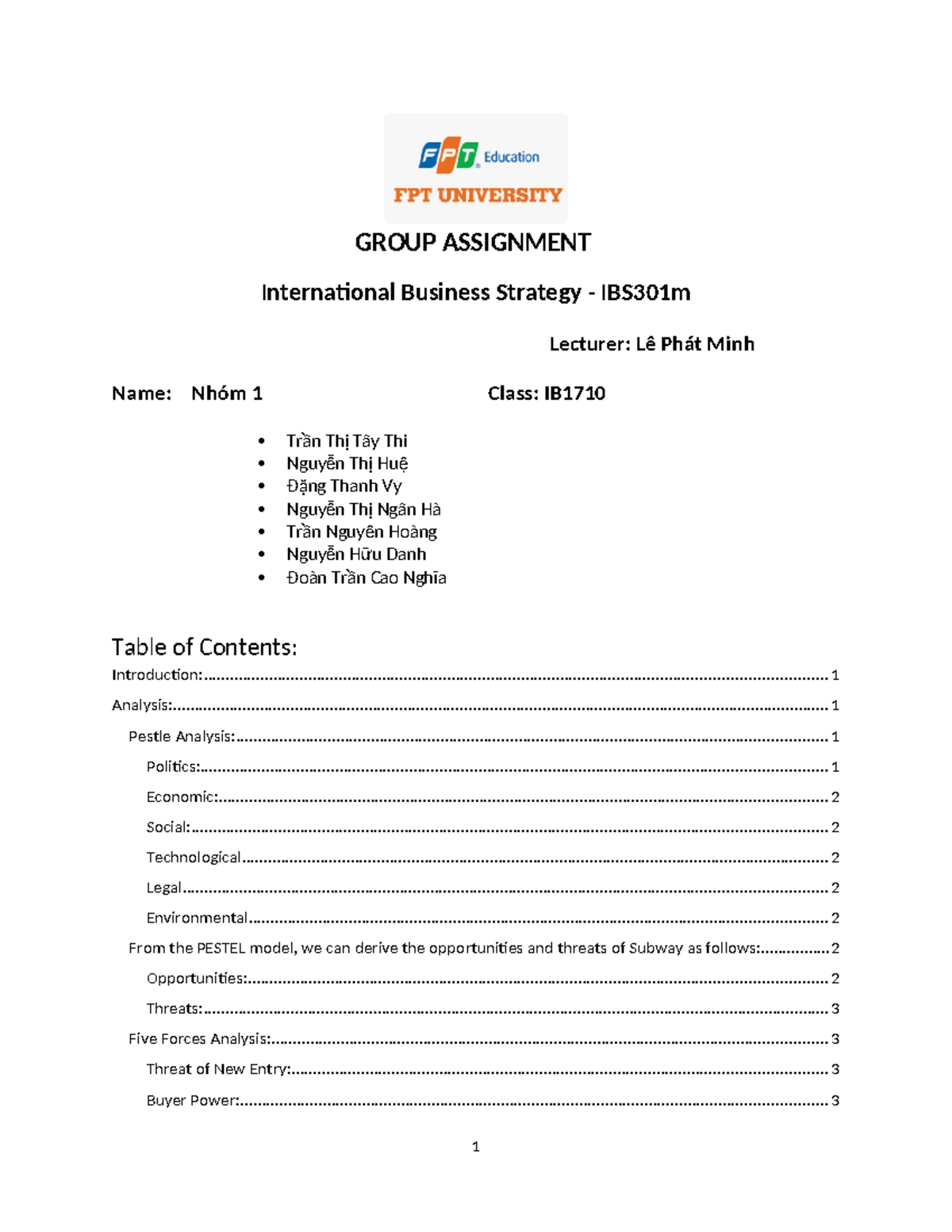 FPT - IBS301m - IB1710 - Group 1 - Group Assignment 1 - GROUP ASSIGNMENT International Business ...