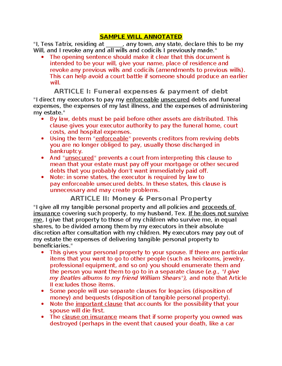 Sample Will Annotated - SAMPLE WILL ANNOTATED "I, Tess Tatrix, residing ...