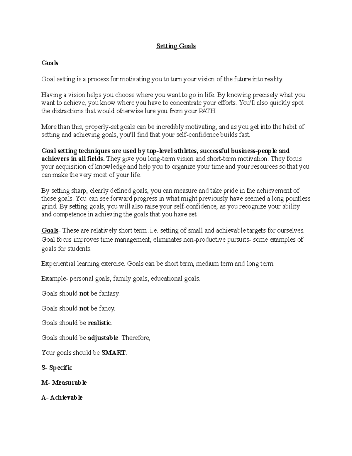 1641965429038 Goals - BCA Sem. 1st Notes - Setting Goals Goals Goal ...