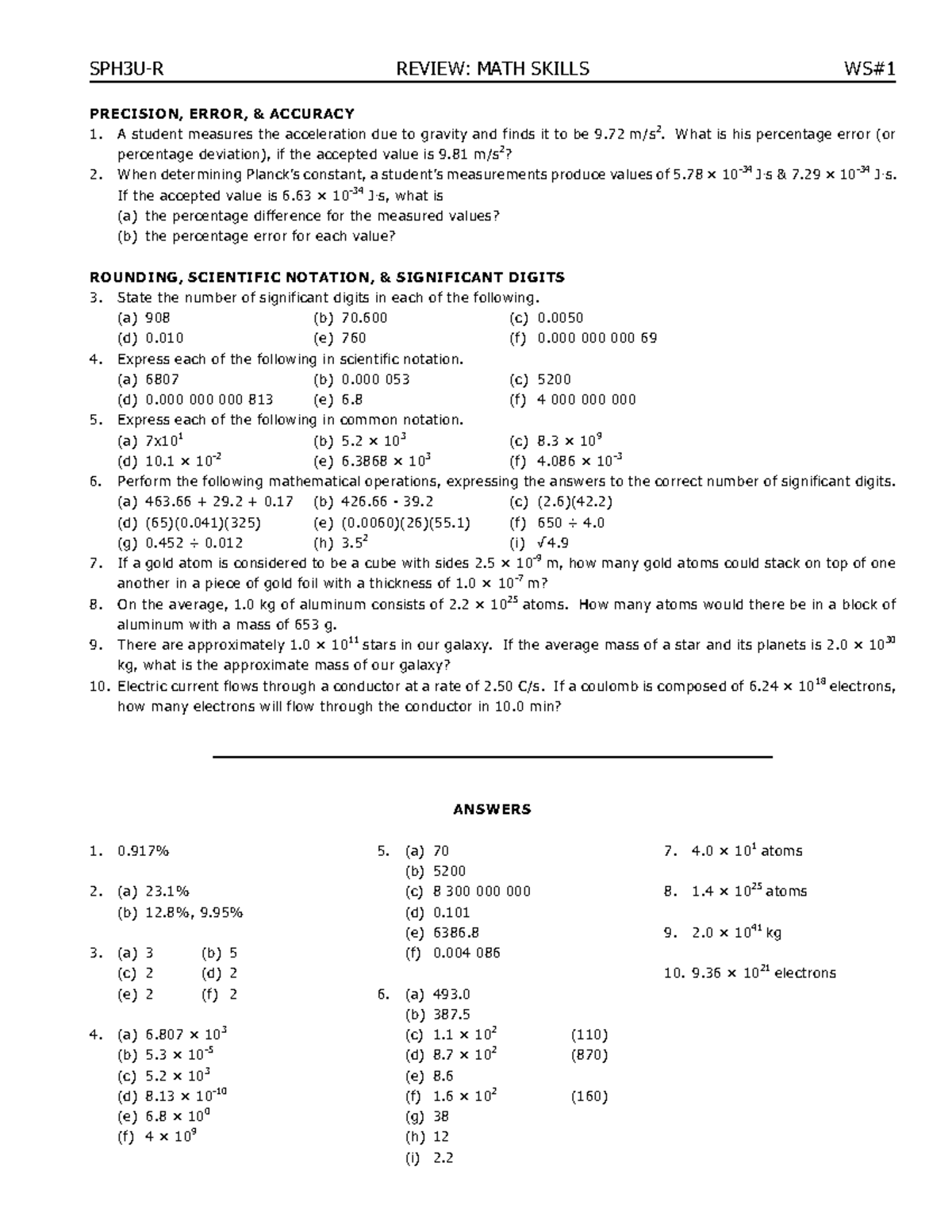 math skills review answers - SPH3U-R REVIEW: MATH SKILLS WS# PRECISION ...