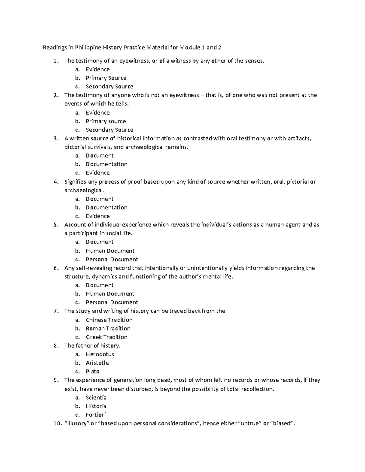 Readings In Philippine History Practice Material For Module 1 And 2 A