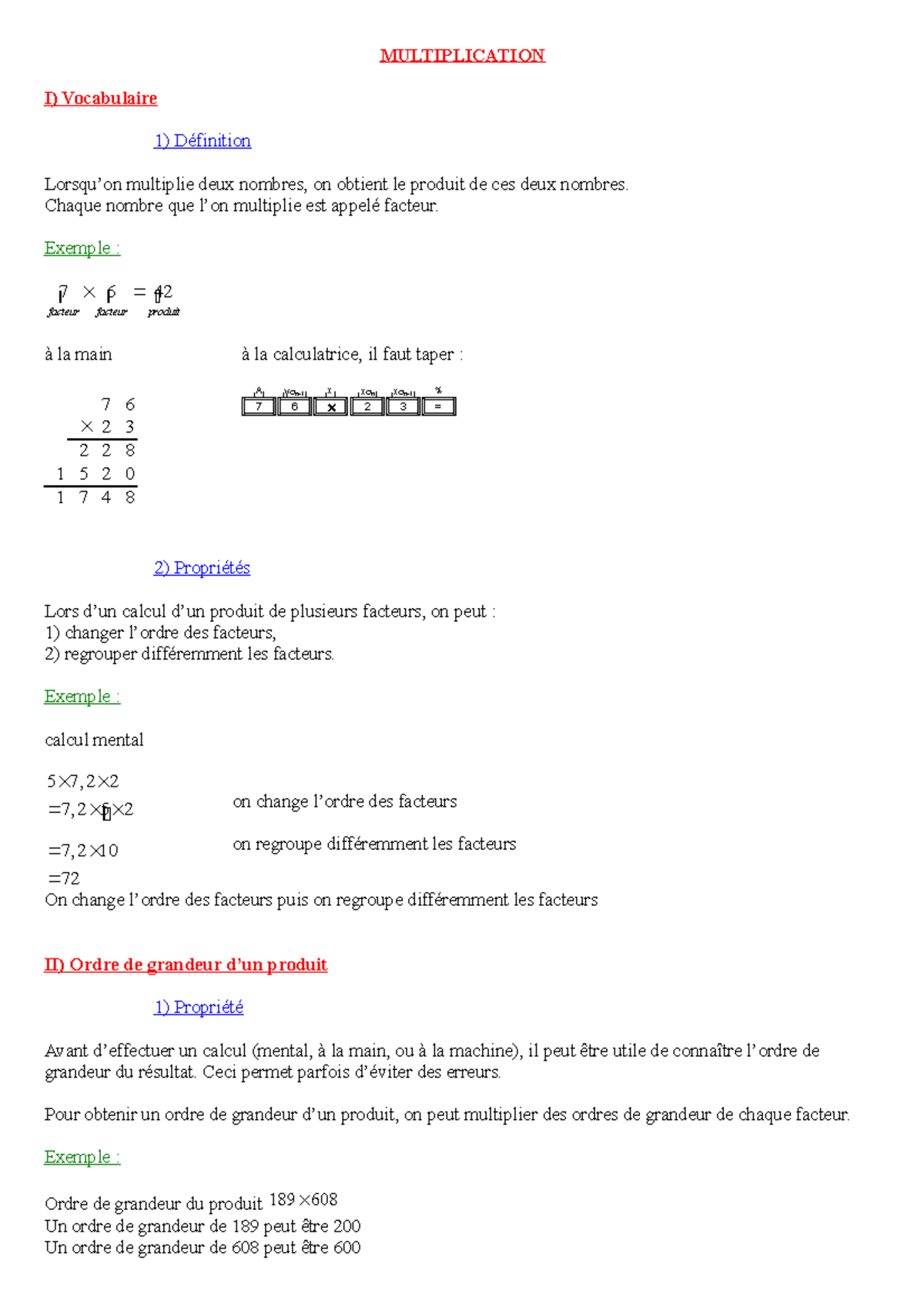 Multiplication et division - MULTIPLICATION I) Vocabulaire Définition ...