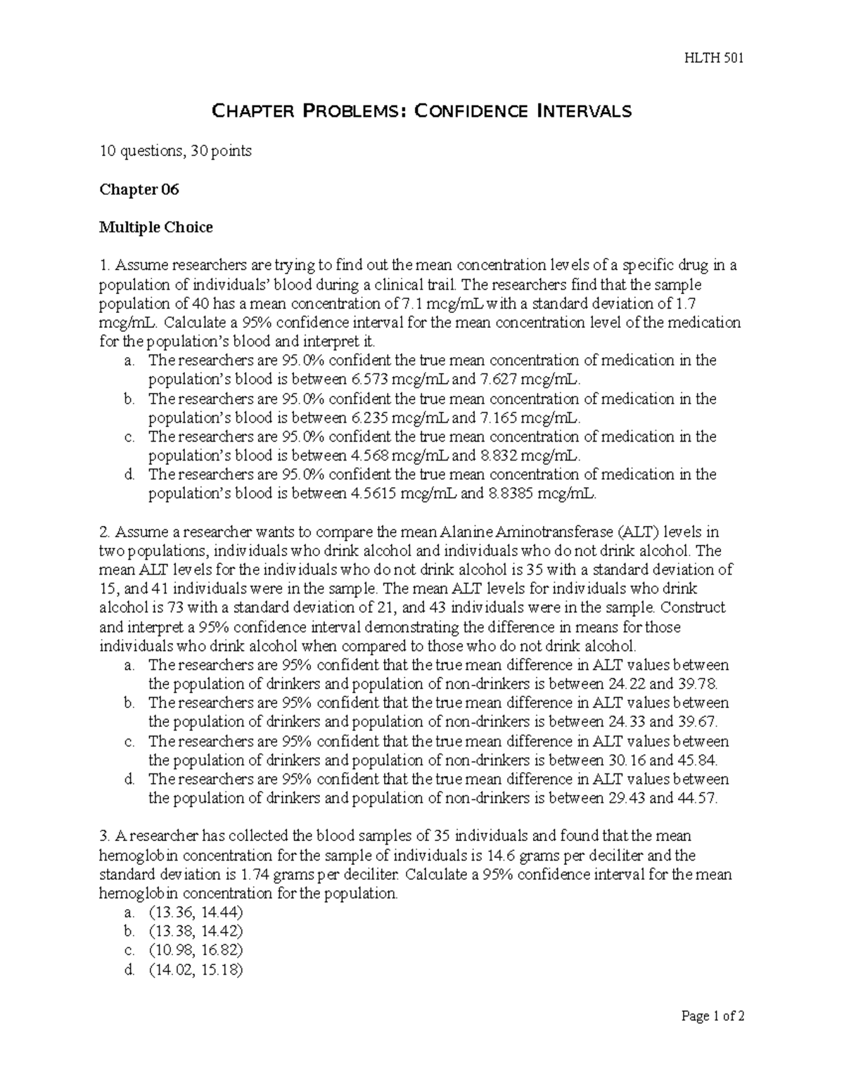 Chapter Problems Confidence Intervals - HLTH 501 CHAPTER PROBLEMS: CONFIDENCE INTERVALS 10 - Studocu