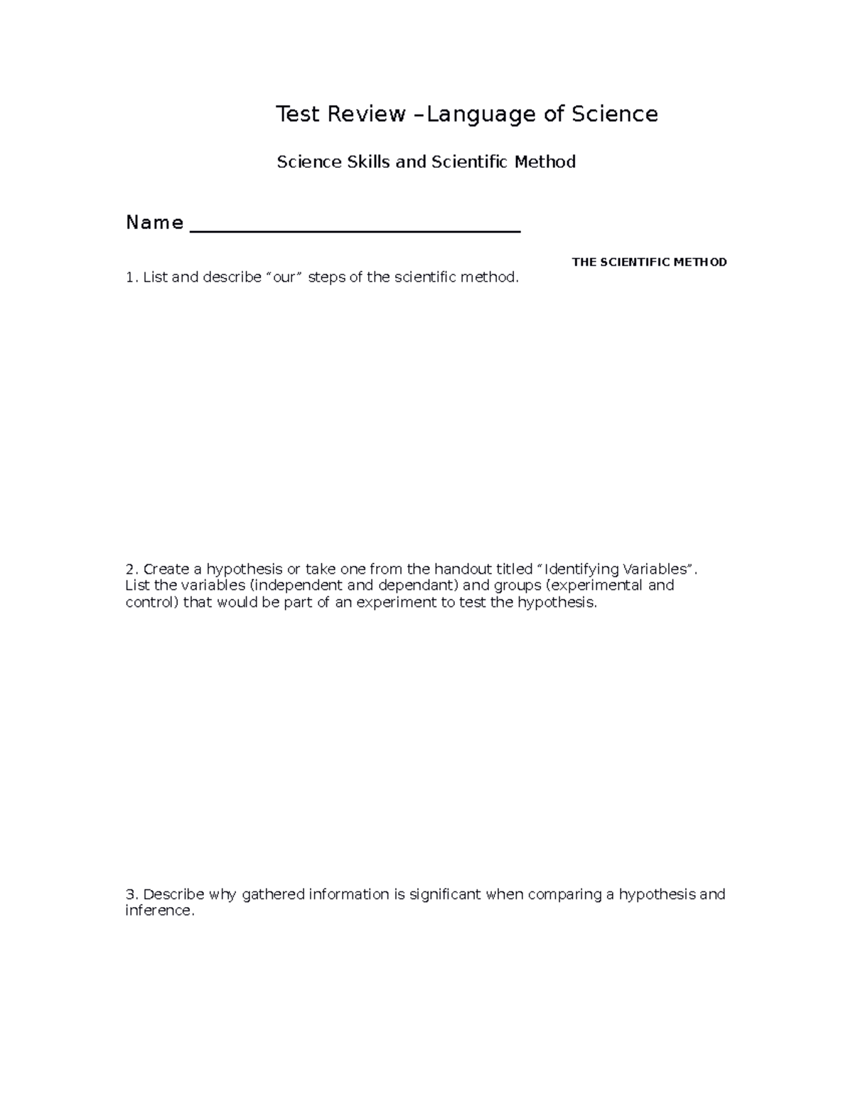 TEST Review science skills, sci method, life, & classification - Test ...