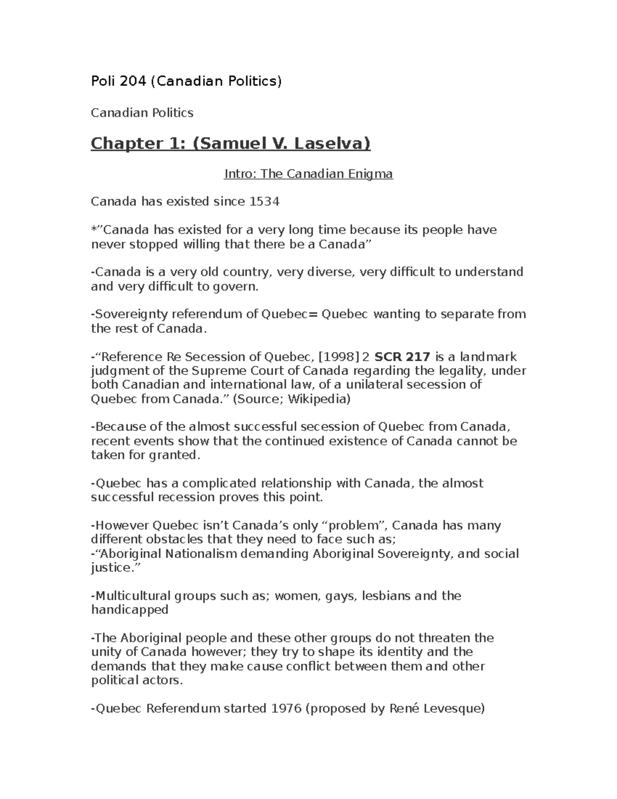 Poli 204 Reading Notes - Poli 204 (Canadian Politics) Canadian Politics ...