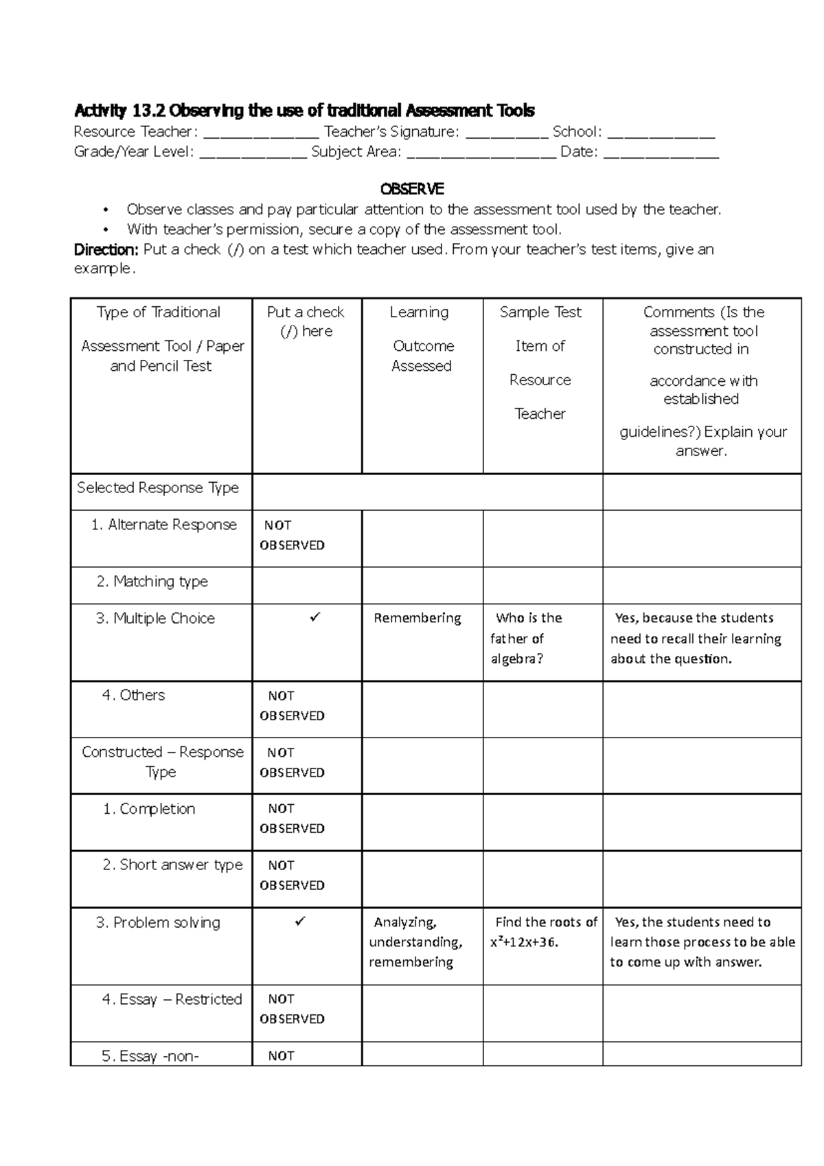 Activity 13 - See the file - Activity 13. 2 Observing the use of ...