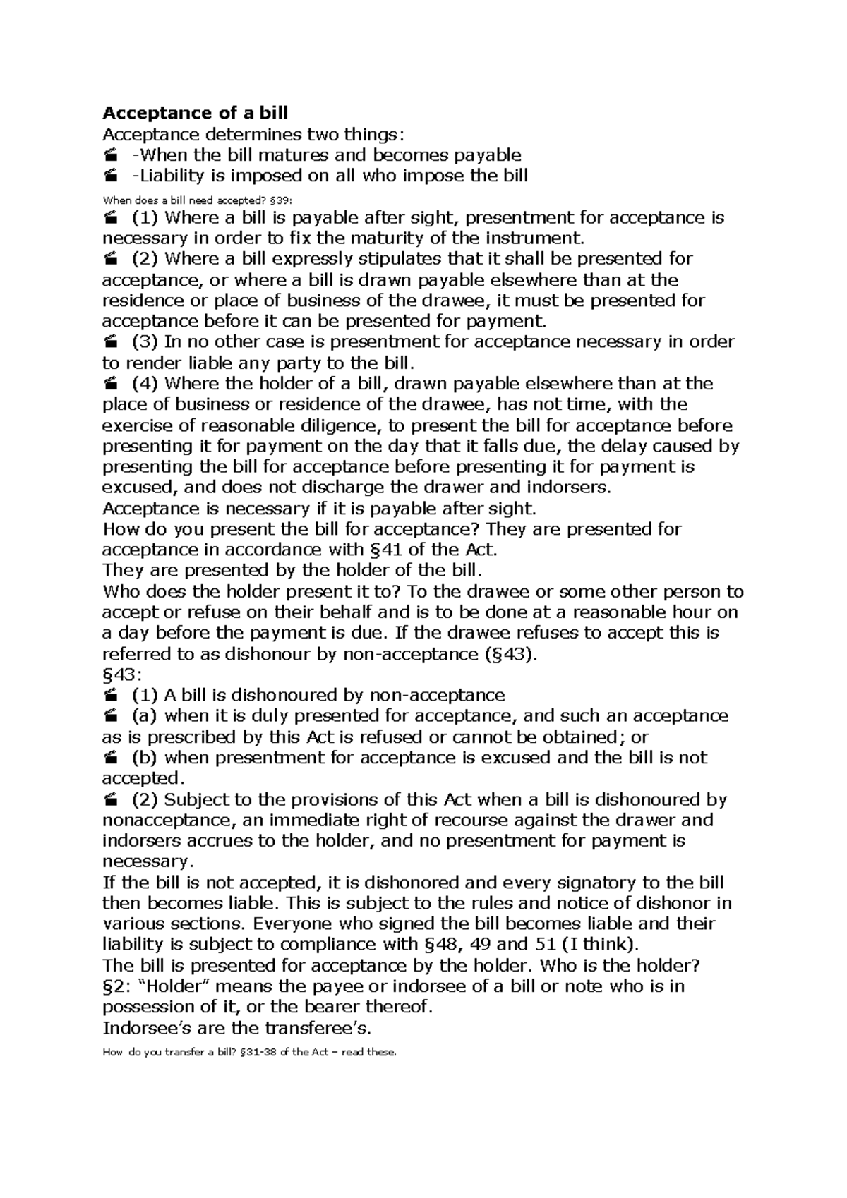 PART B - LECTURE NOTES PART B - Acceptance of a bill Acceptance ...