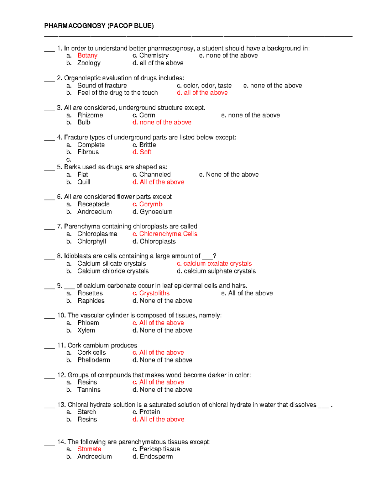Pharmacognosy Answer Key-BLUE Pacop 2 - PHARMACOGNOSY (PACOP BLUE ...