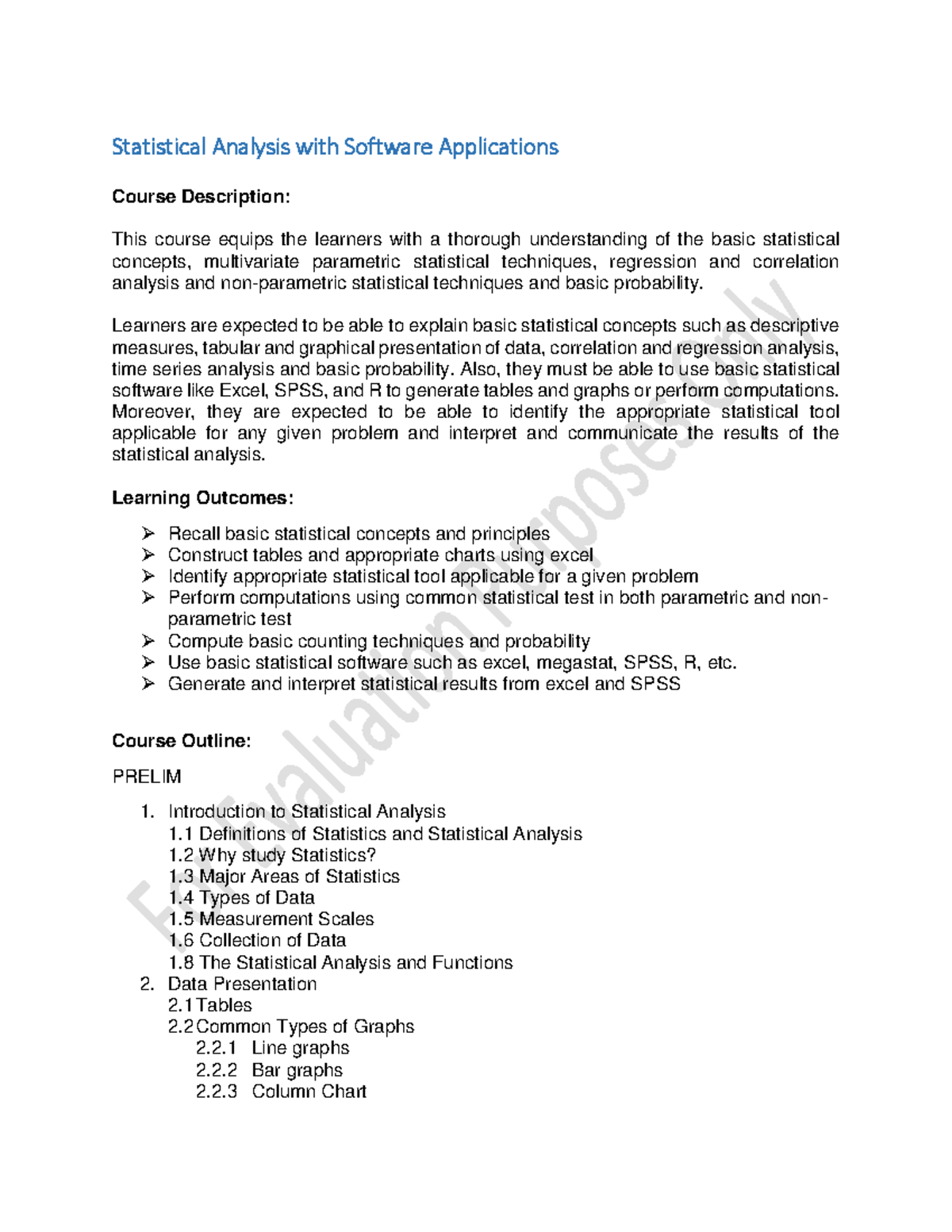 Course content (SASA) - Statistical analysis - Statistical Analysis ...