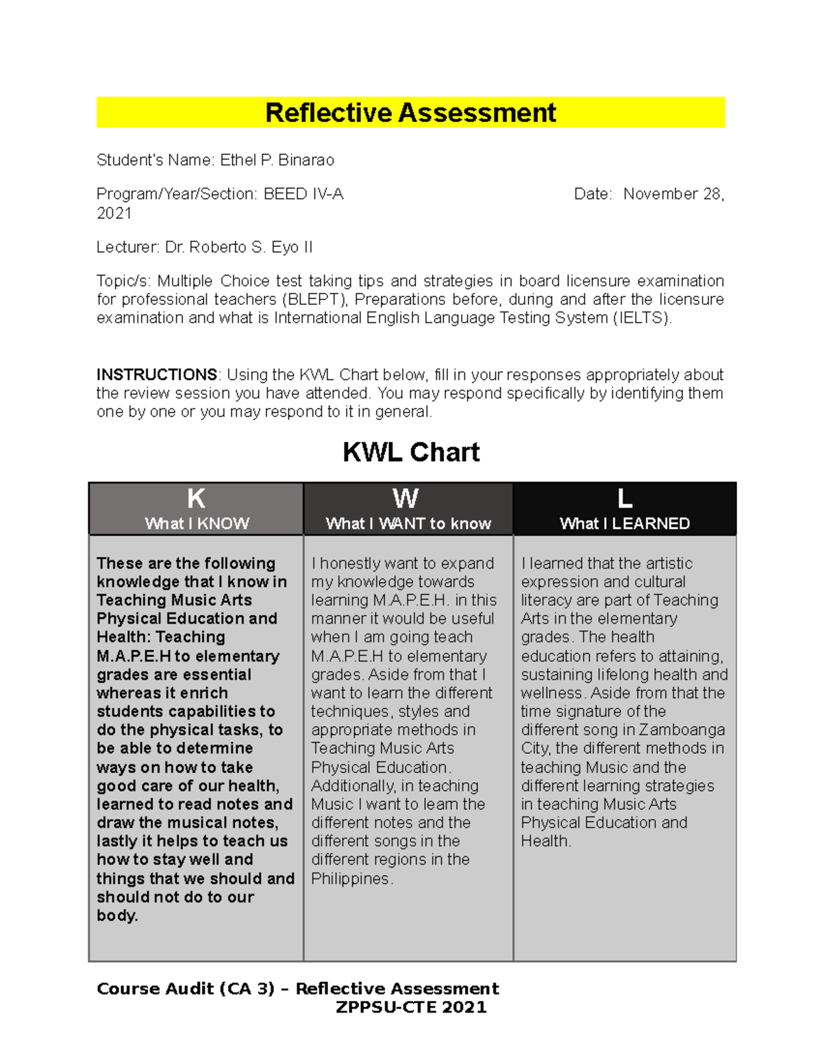 Binarao, Ethel P. BEED IV-A Reflective Assessment 5 - Reflective ...