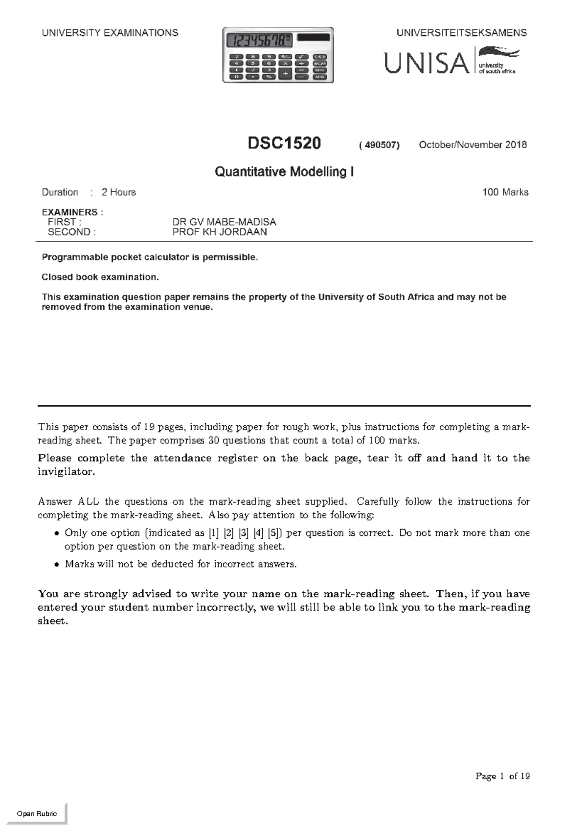 DSC 1520 exam paper 2018 - This paper consists of 19 pages, including ...