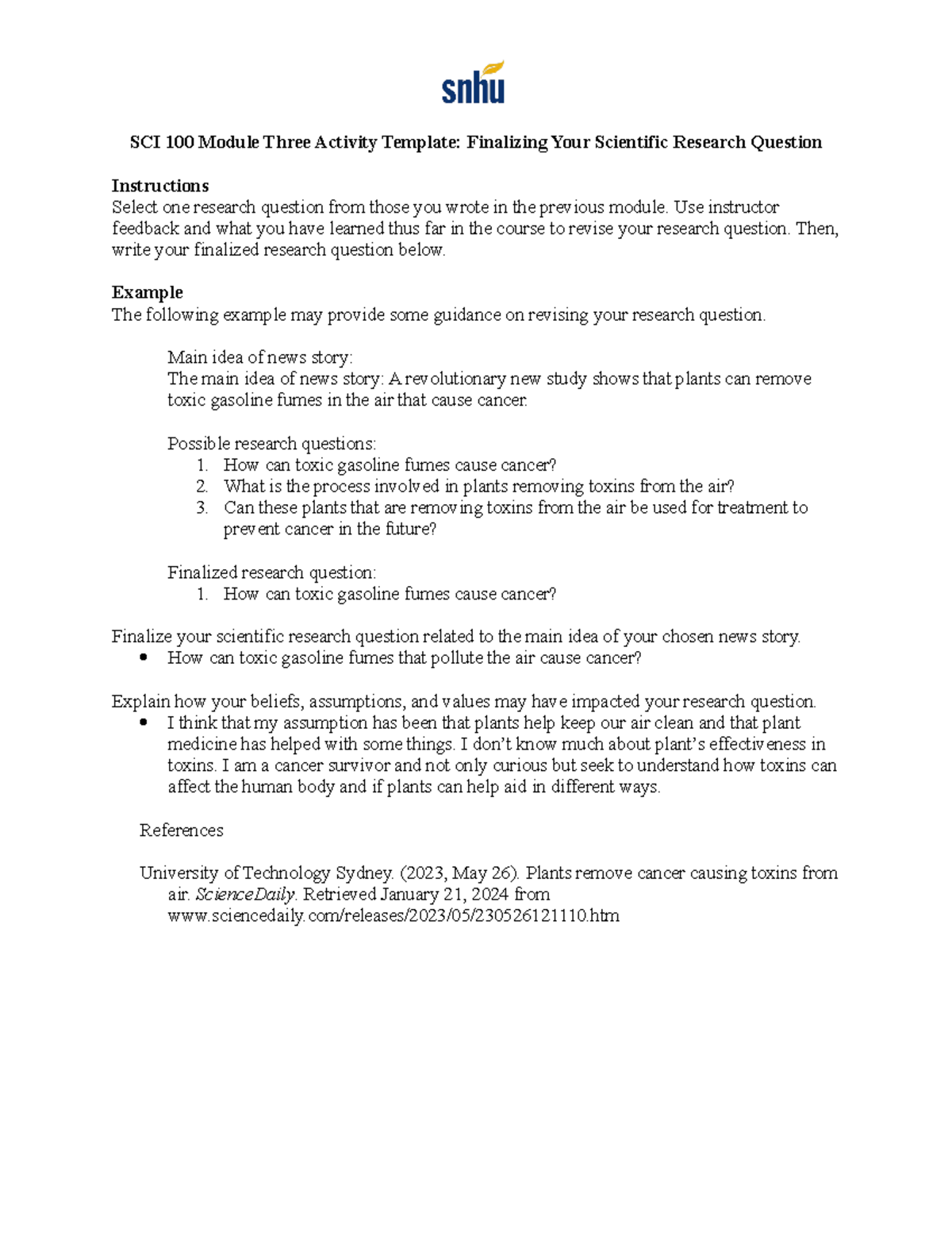 SCI 100 3 - module 3 assignment - SCI 100 Module Three Activity ...