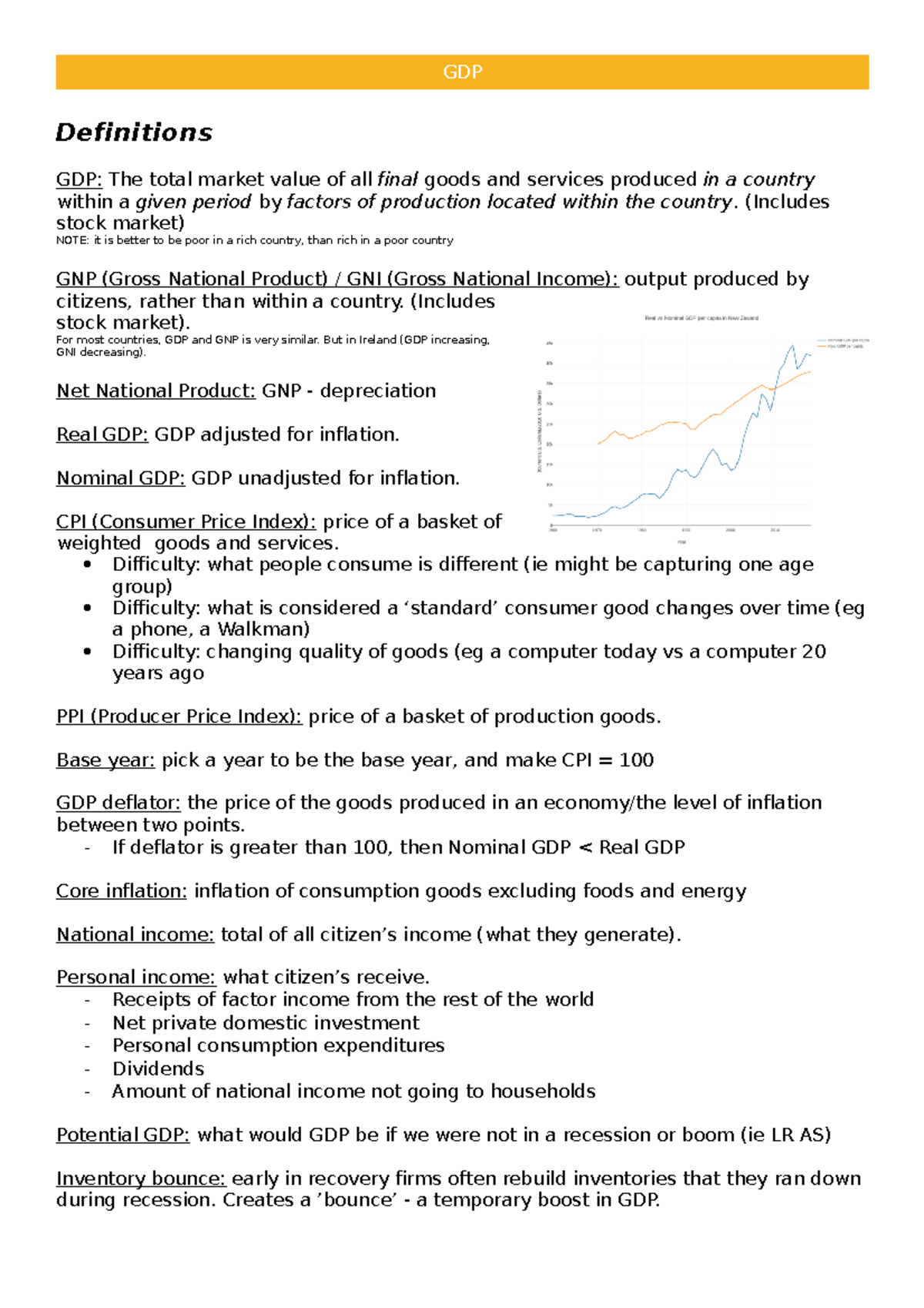 Econ141 full lecture notes - Definitions GDP: The total market value of ...