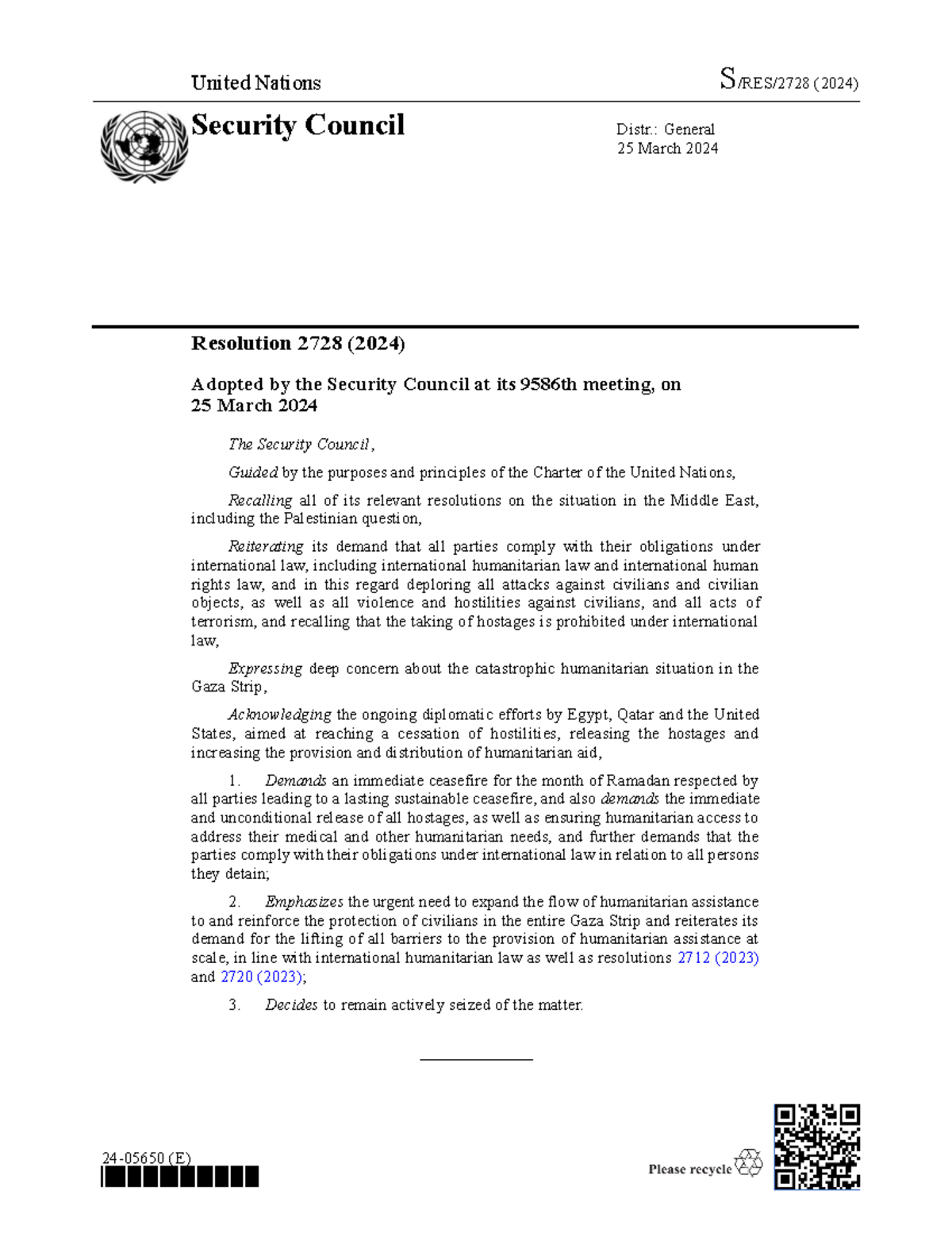 25TH March 2024 UN Resolution - United Nations S/RES/2728 (2024 ...