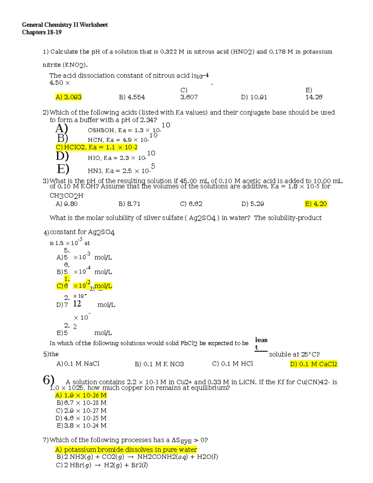 Answered gc2 chp18-19 worksheet TEST - General Chemistry II Worksheet ...