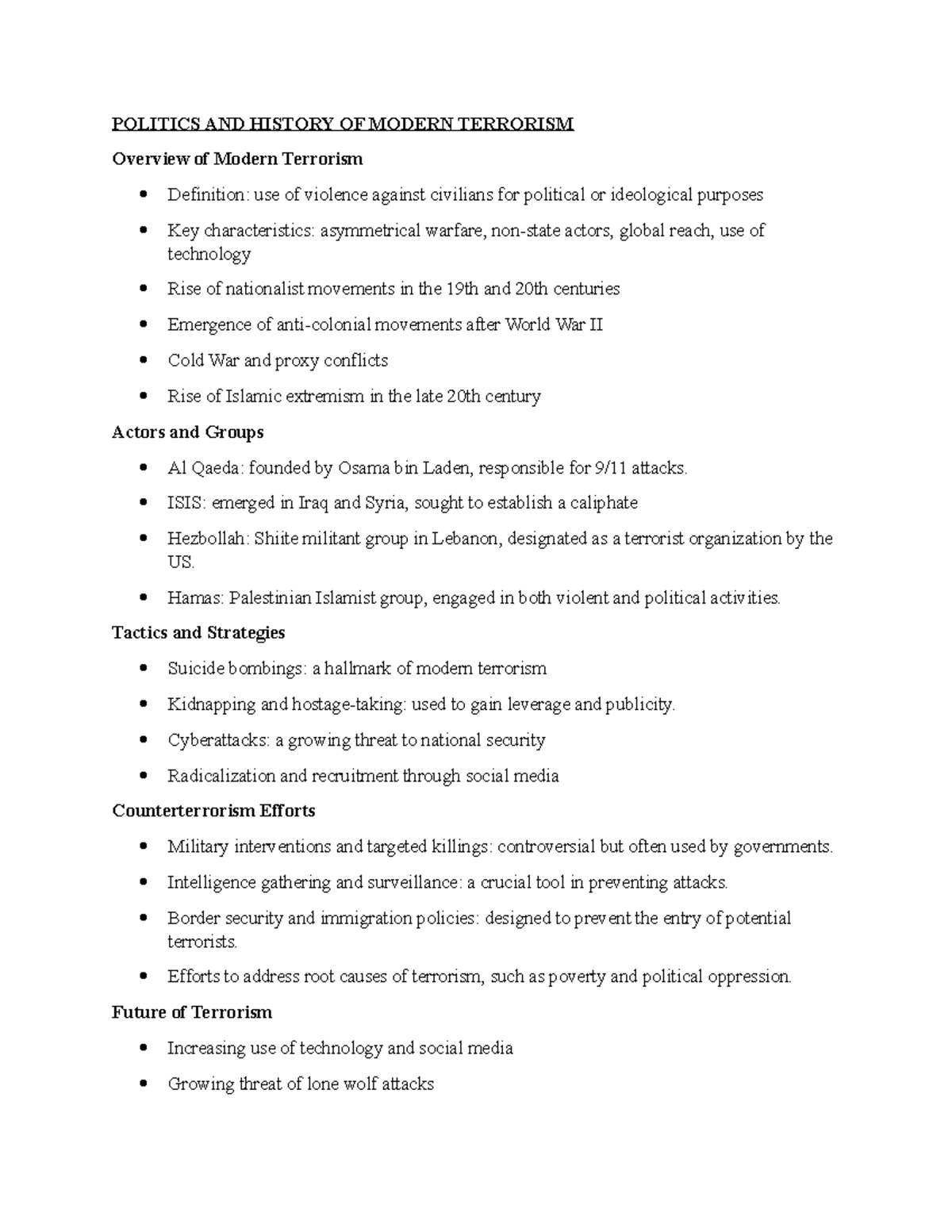 PCS Politics AND History OF Modern Terrorism Notes 2 - POLITICS AND ...