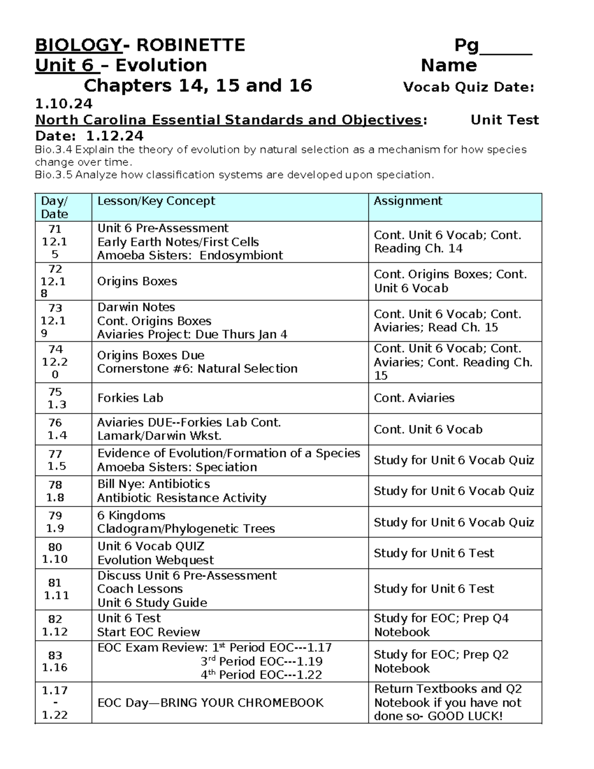 Unit 6 Plan F23 - sss - BIOLOGY- ROBINETTE Pg______ Unit 6 – Evolution Name Chapters 14, 15 and ...